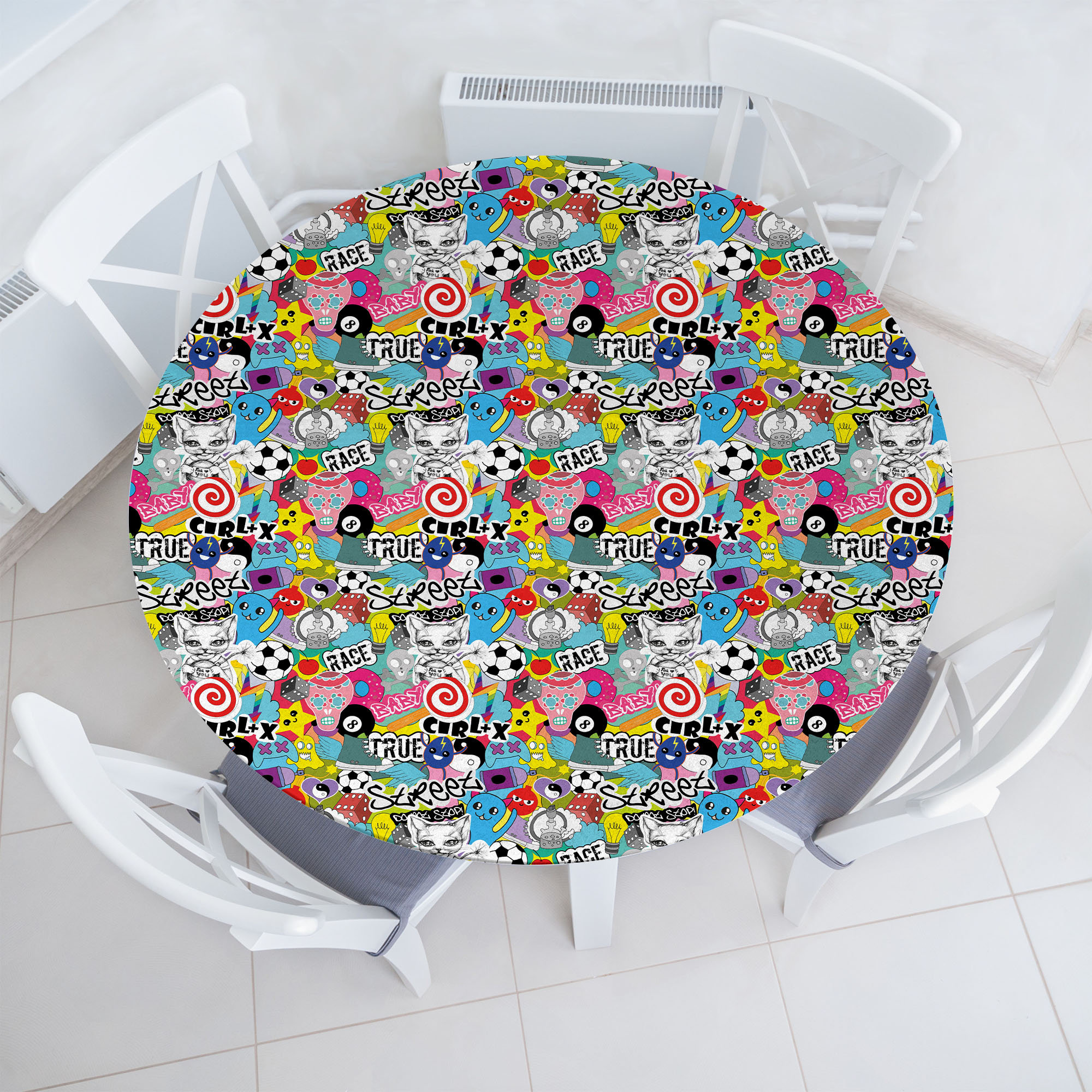 Bungalow Rose Graffiti Fitted Round Tablecloth Multicolor | Wayfair
