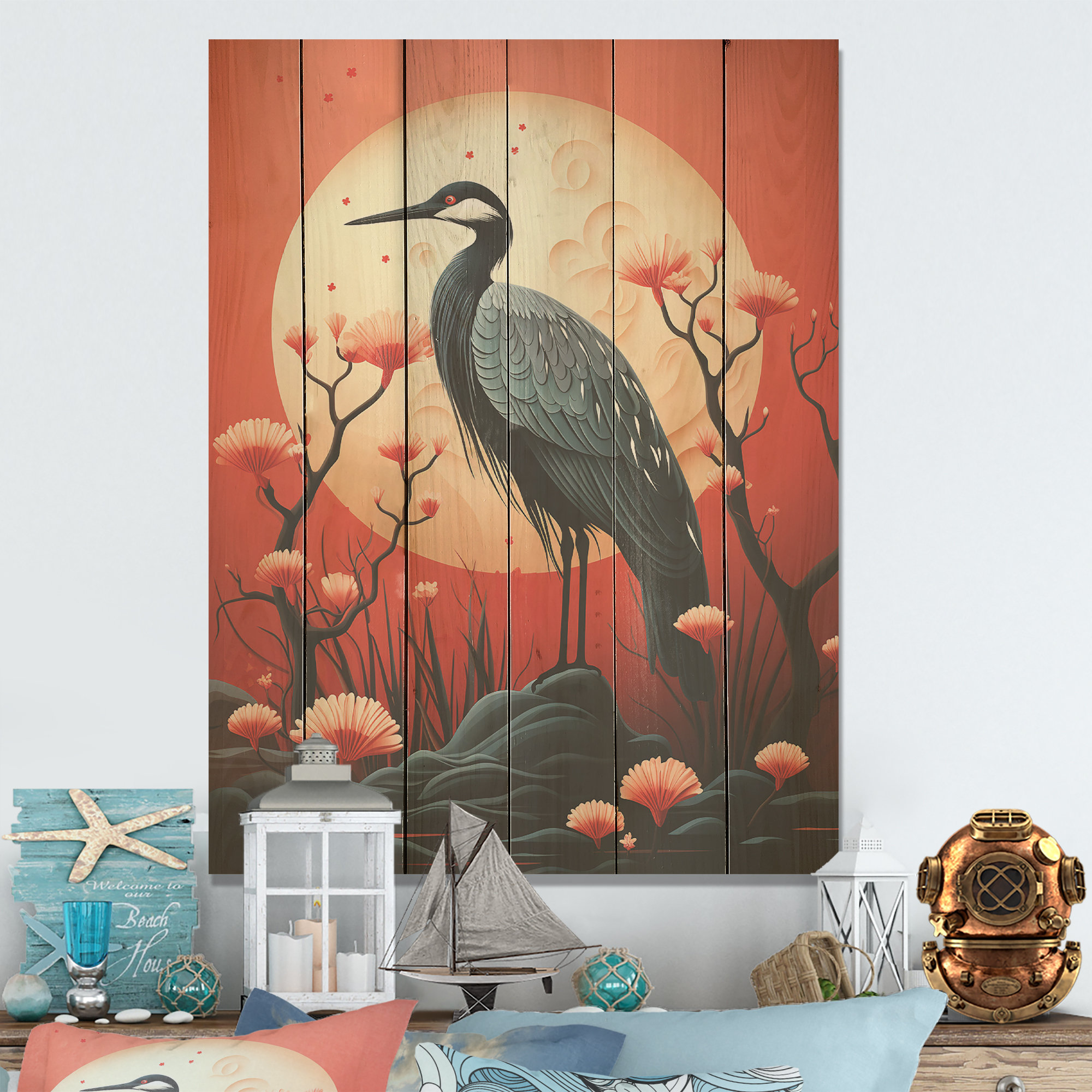 Ophelia & Co. Red Japanese Heron Ink Portrait - Heron Wood Wall Art On ...