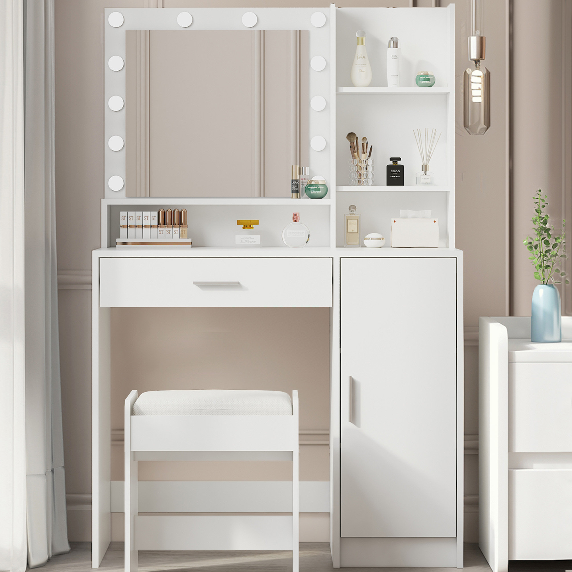 Latitude Run® Makeup Vanity Desk Dressing Table with Lights,Mirror ...