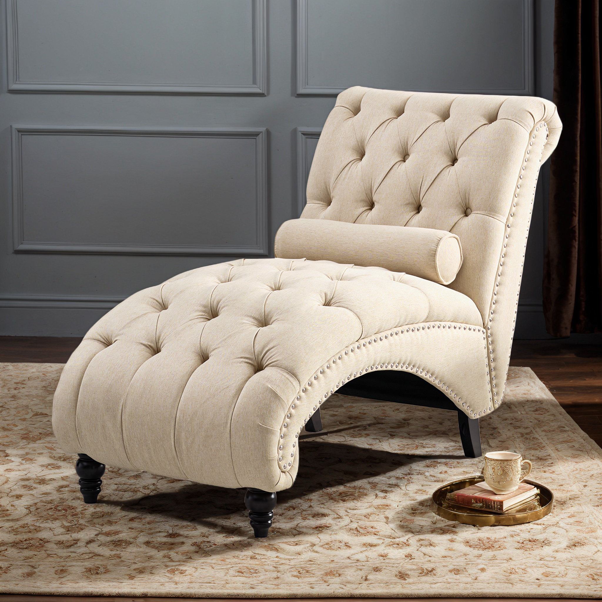 Charlton Home® Chaise Lounge Chair Indoor, Velvet Button-tufted Armless ...