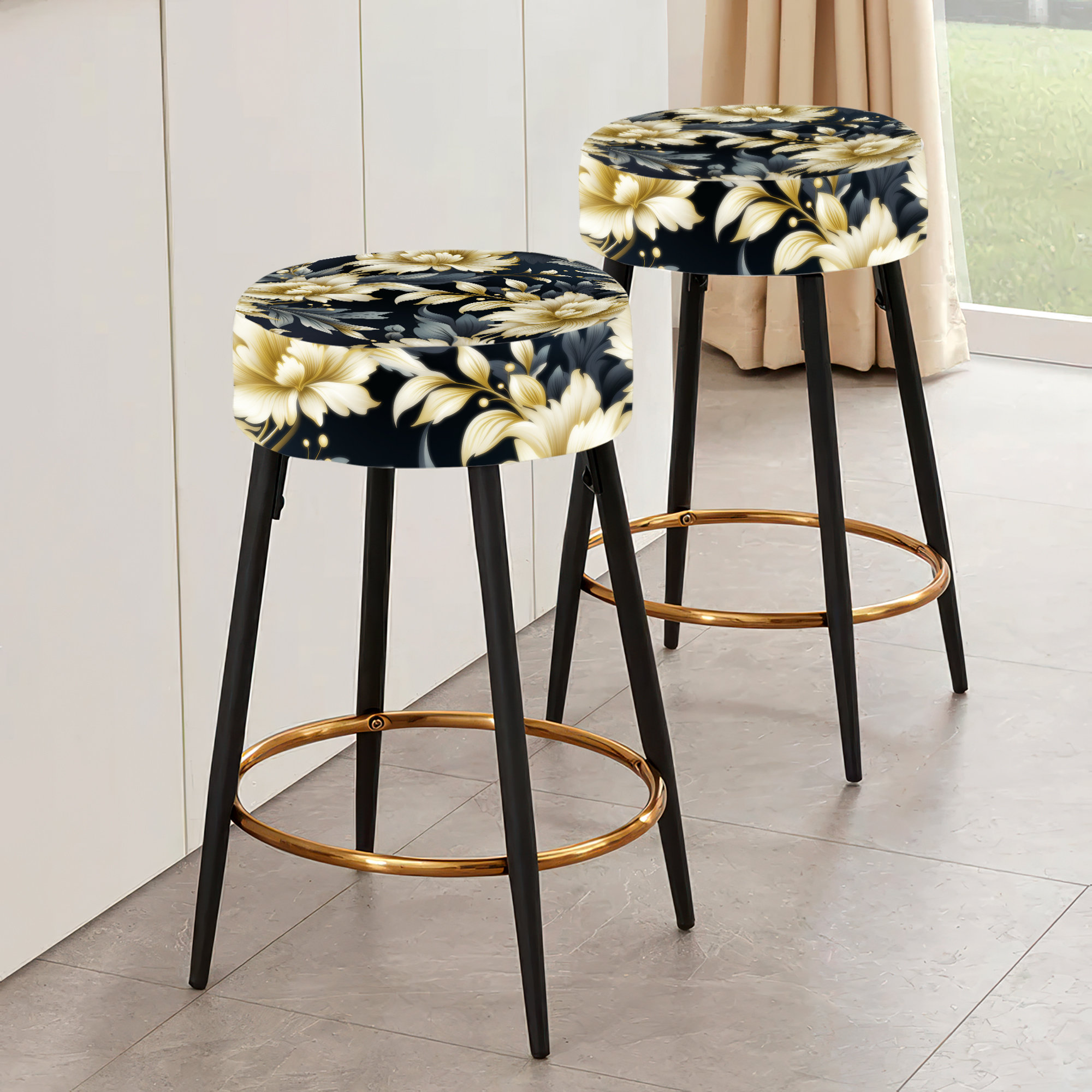 Design Art Black And Beige Damask Flower Opulence - Damask Bar Stools ...