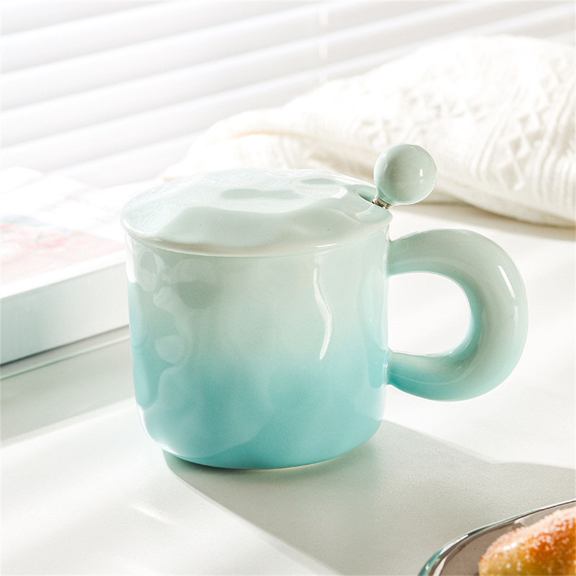 Orren Ellis Creative 10oz Macaroon Ceramic Mug with Lid and Spoon | Wayfair