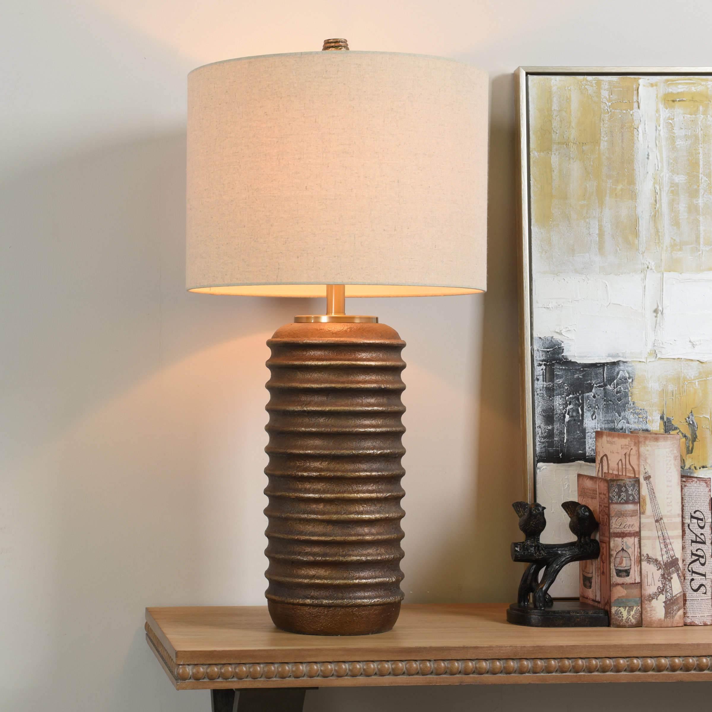 Lark Manor™ Duffer - Transitional Table Lamp - Bronze Oak - Oatmeal ...