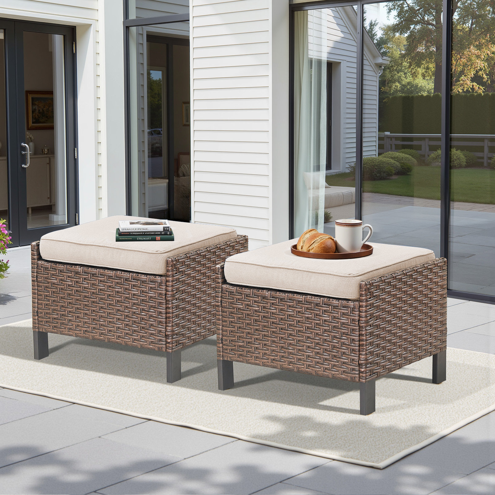 Latitude Run® Rustic Wicker Ottoman Set – 2-Piece Rattan Footrests With ...