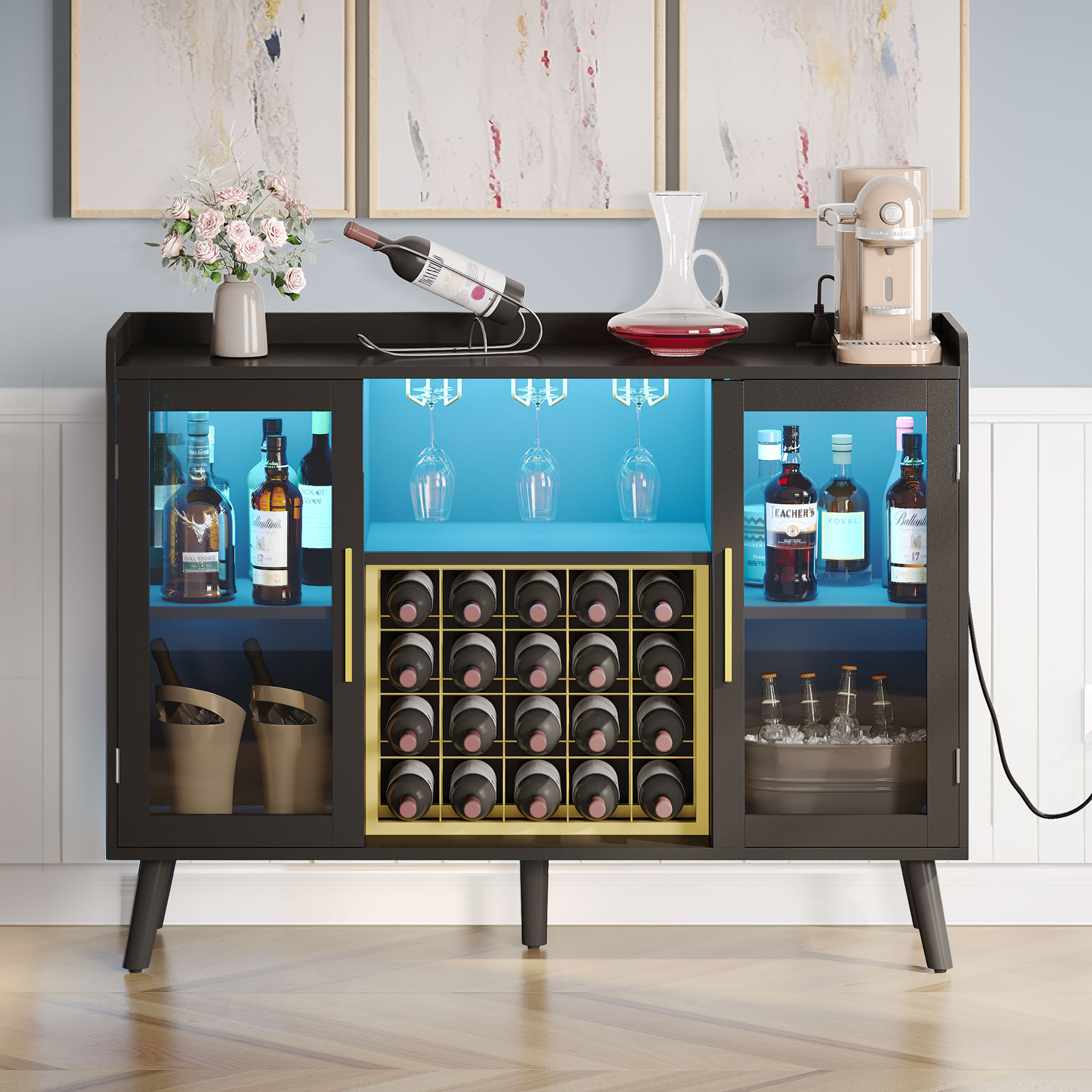 Wade Logan® Brevan 53" Wine Bar Cabinet with Power Outlets & LED Lights ...