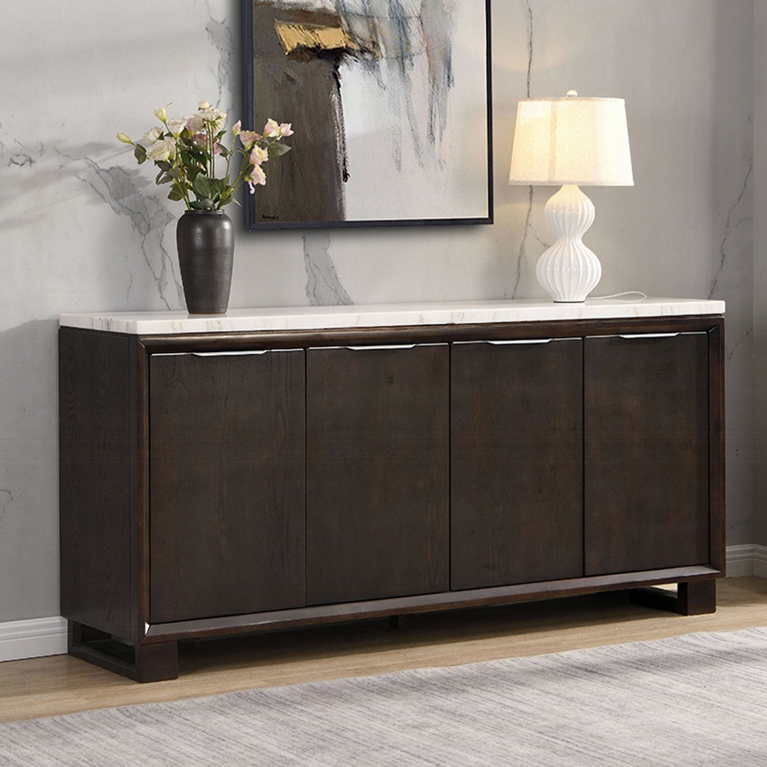 Red Barrel Studio 4 Doors Server With Natural Marble Top In White And ...