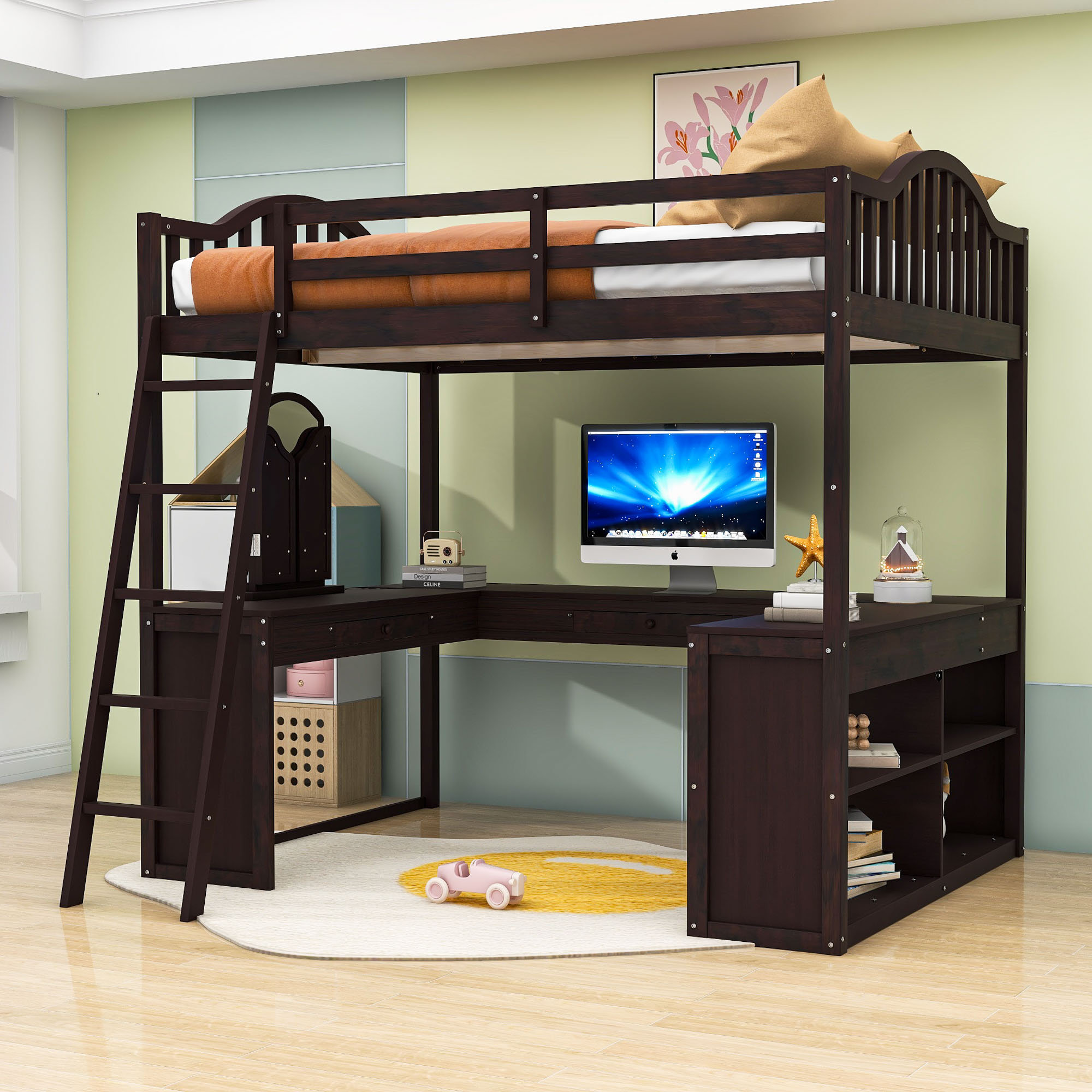 Harriet Bee Full Wood Loft Bed With Desk And Mirror - Wayfair Canada