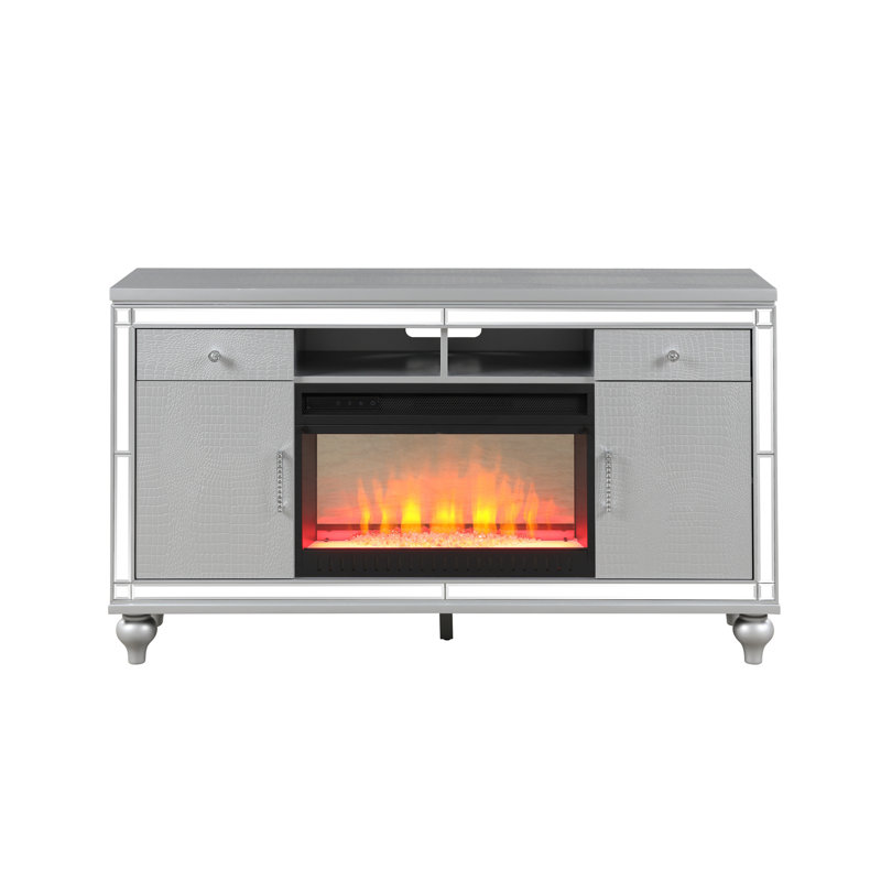 Rosdorf Park TV Stand With Electric Fireplace In Silver | Wayfair