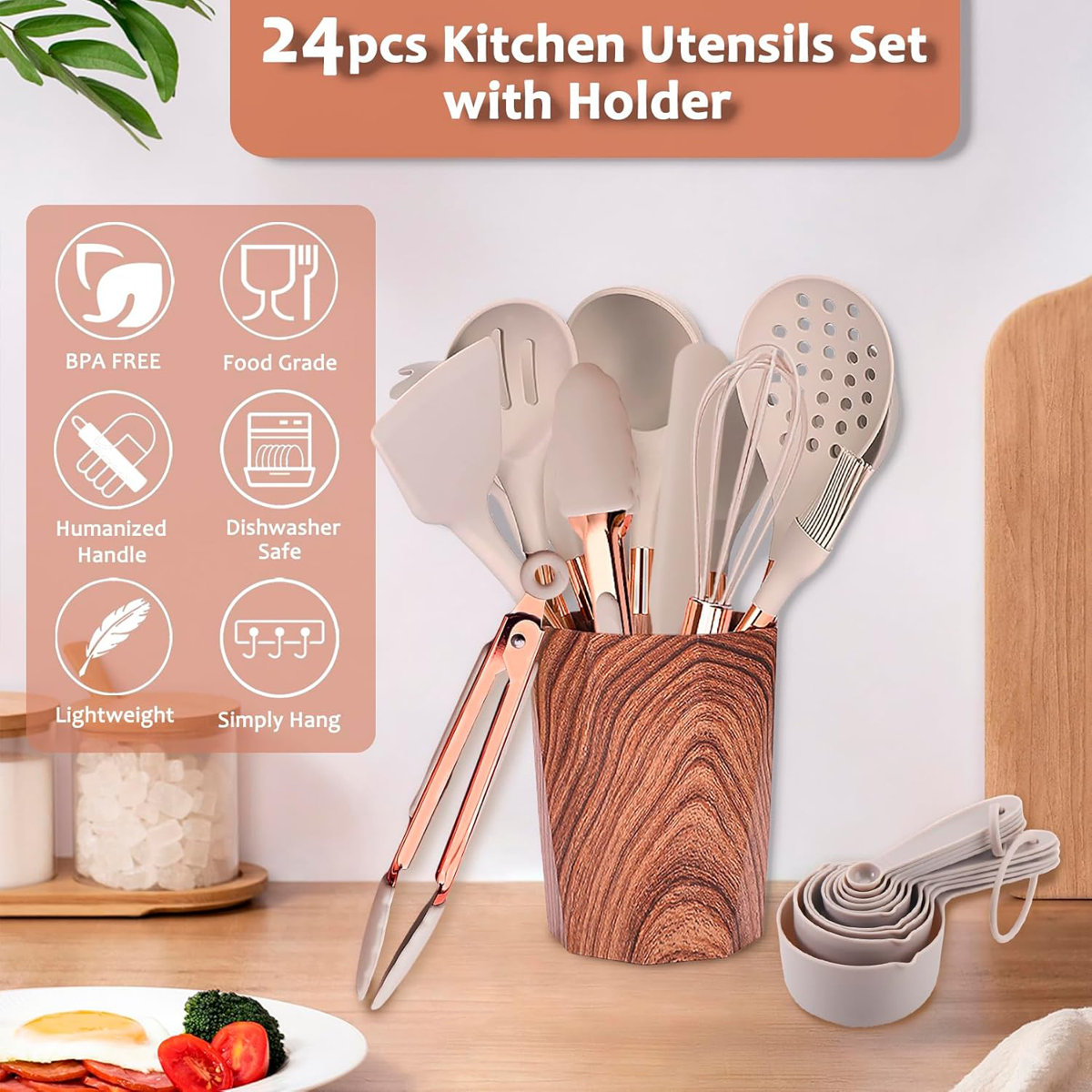 WKING 24-Piece Silicone Kitchen Utensil Set With Wood Pattern Handles ...