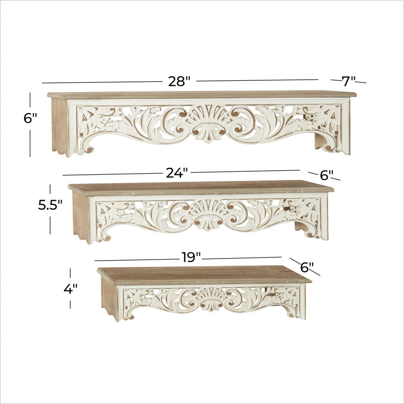 Bungalow Rose Cream Wooden Scroll Carved 3 Shelves Room Wall Shelf, Set ...