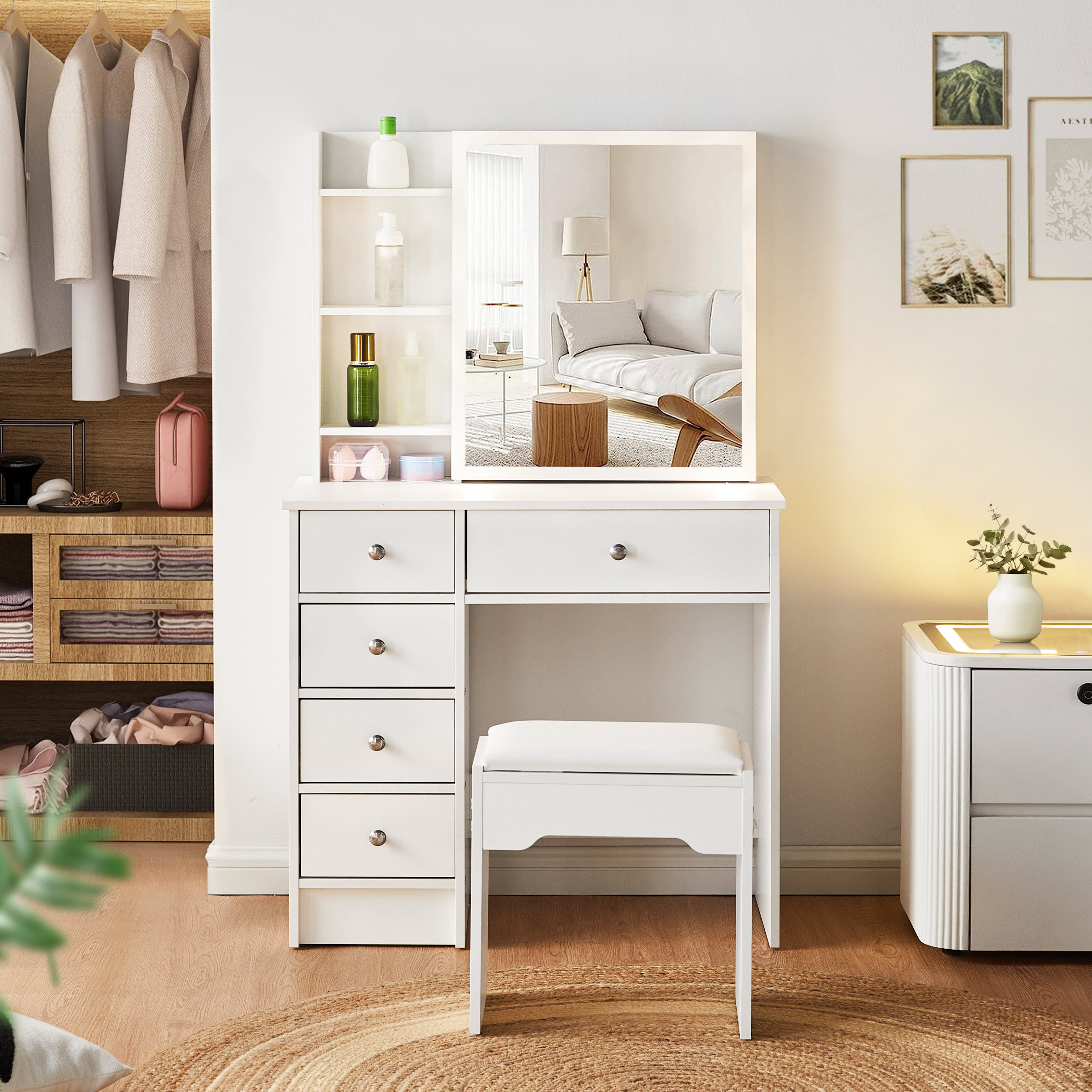 Latitude Run Dressing Table, 80X40x130cm Vanity Set With Sliding Mirror ...