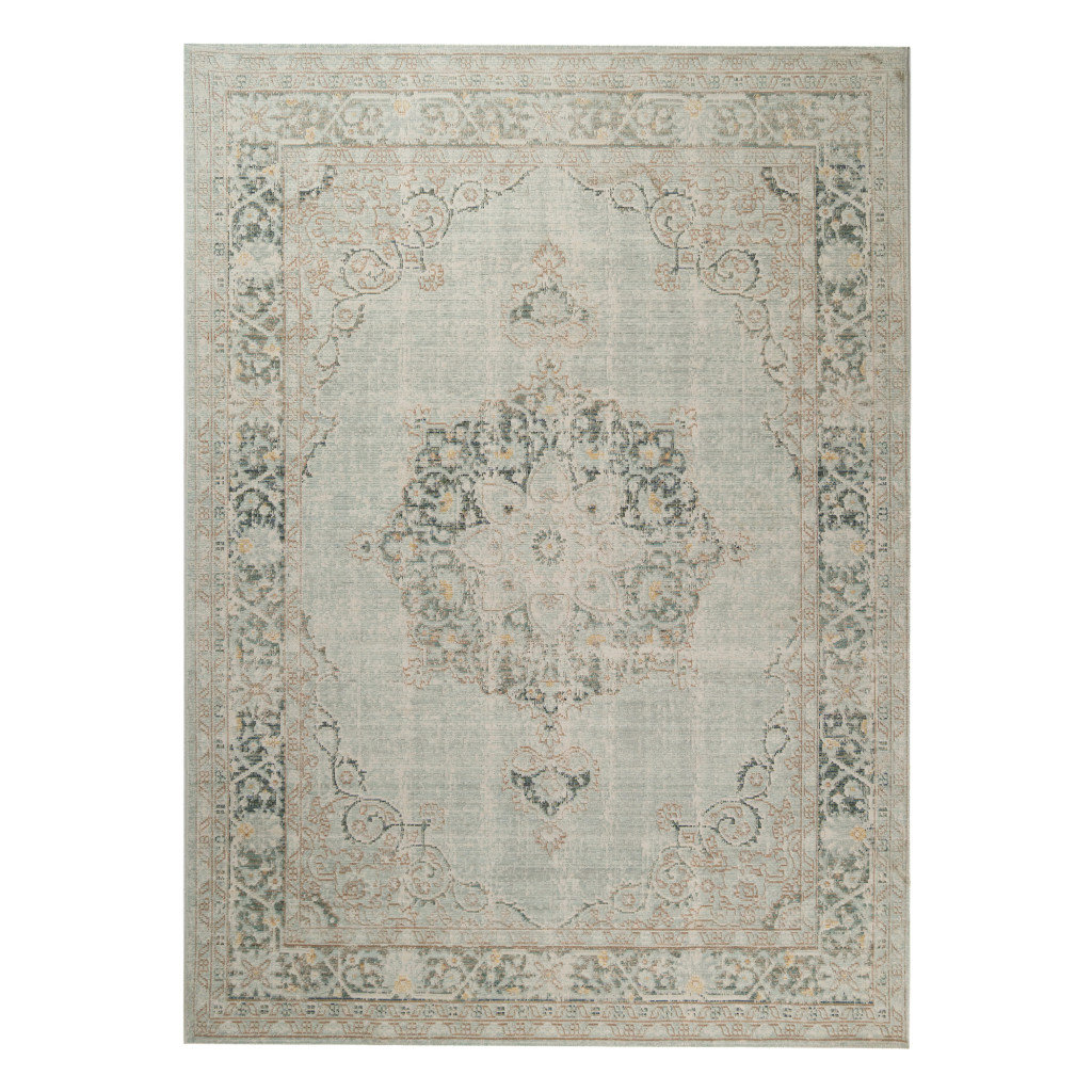 HomeRoots 2' X 3' Ivory and Green Medallion Power Loom Worn Faded Area ...