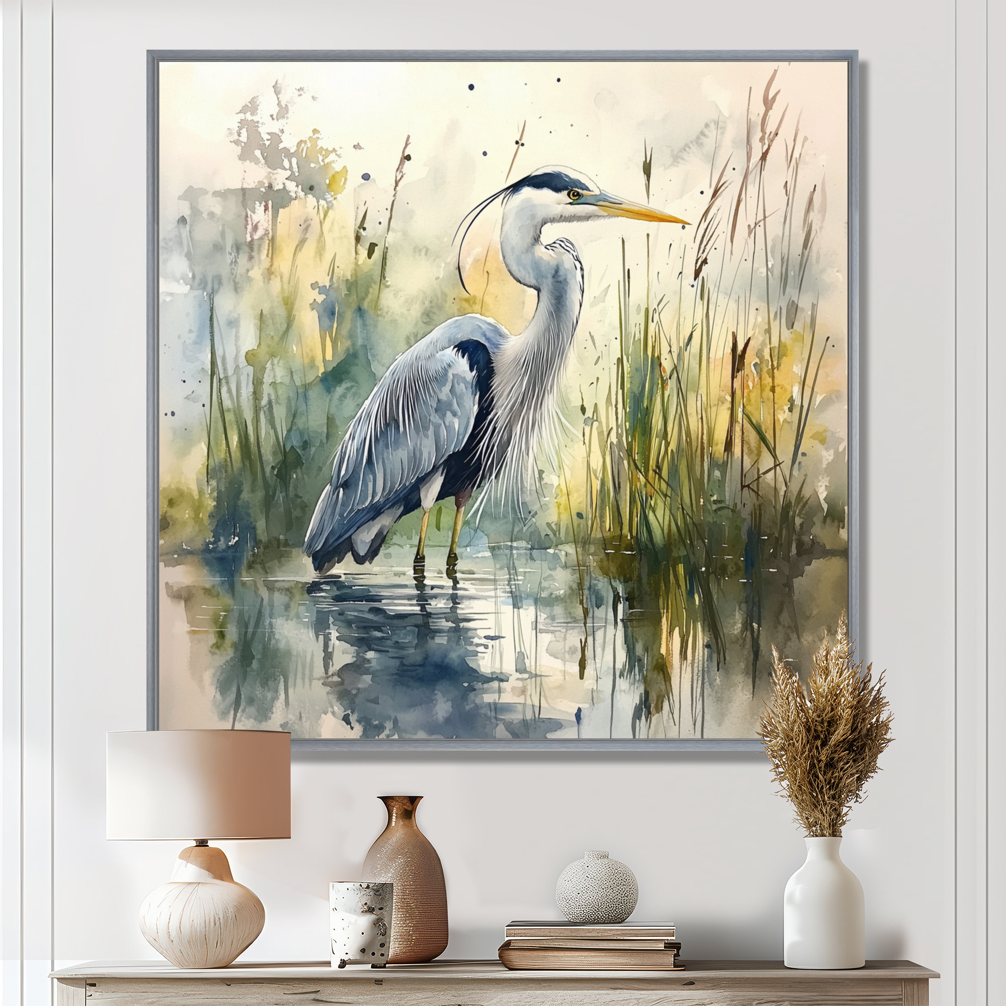 Highland Dunes Ayannah Heron By The Farm Lake - heron Wall Art Decor ...