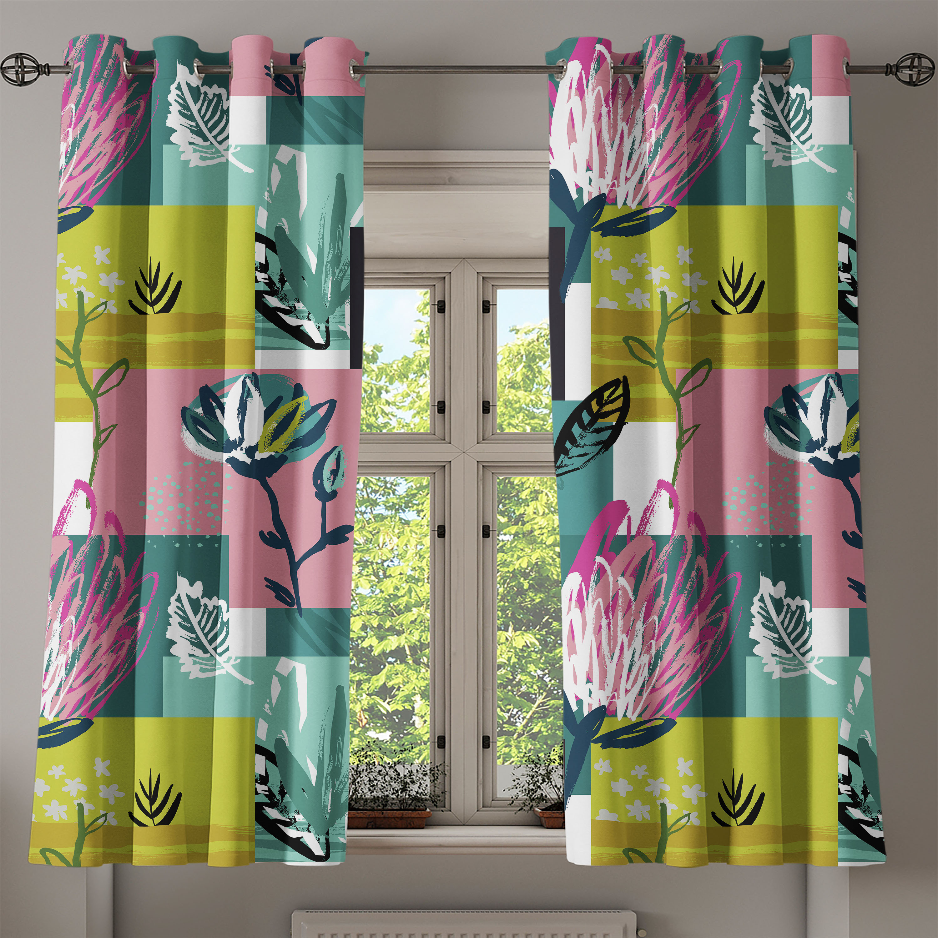 Dakota Fields Spring Grommet Curtain Squares Flowers Pattern Art 50" x ...