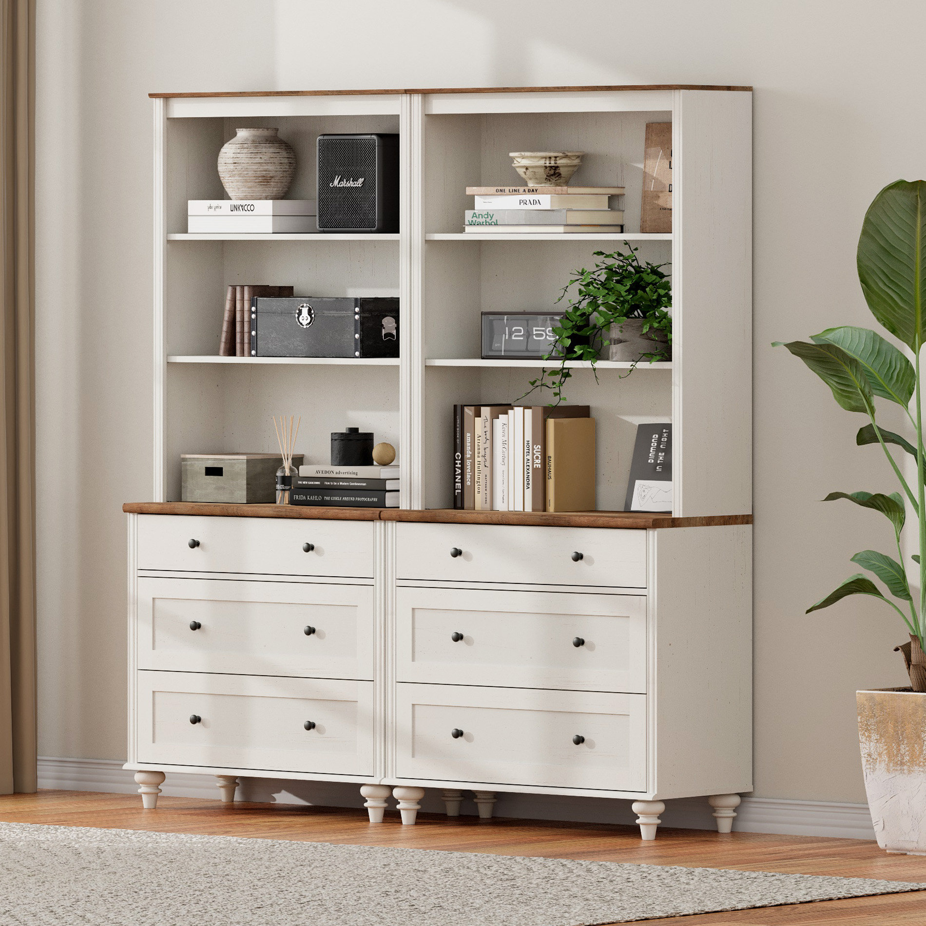 One Allium Way Farmhouse Bookshelf, 3-Tier With Drawers, 72" Tall ...