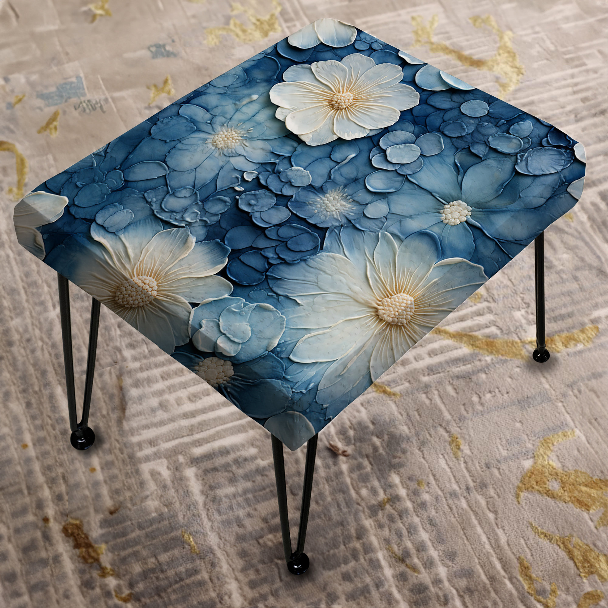 Design Art Blue And White Flowers Marble Collage - Marble Rectangle ...