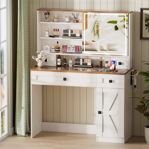 Mercer41 Keysean Farmhouse Vanity Desk with Sliding Mirror and Lights ...