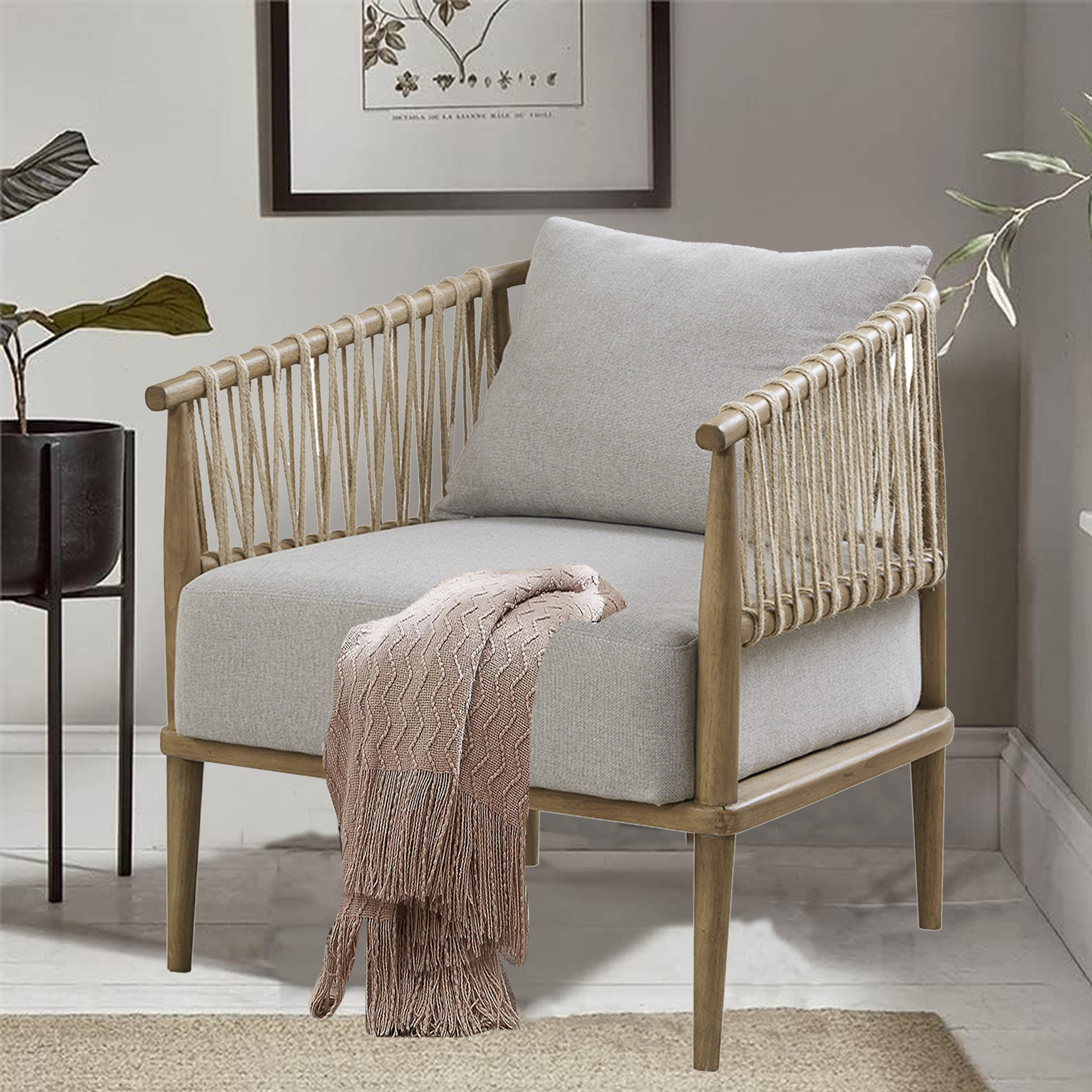 Bayou Breeze Accent Chair With Solid Wood And Rope Arms, Upholstered ...