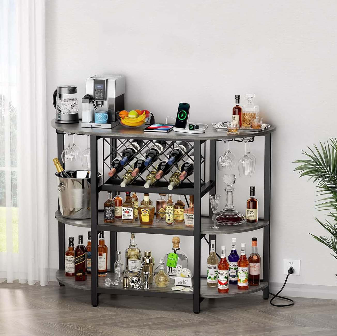 17 Stories Bar Cart Bar Table with Power Outlet, LED Home Bar Cabinet ...
