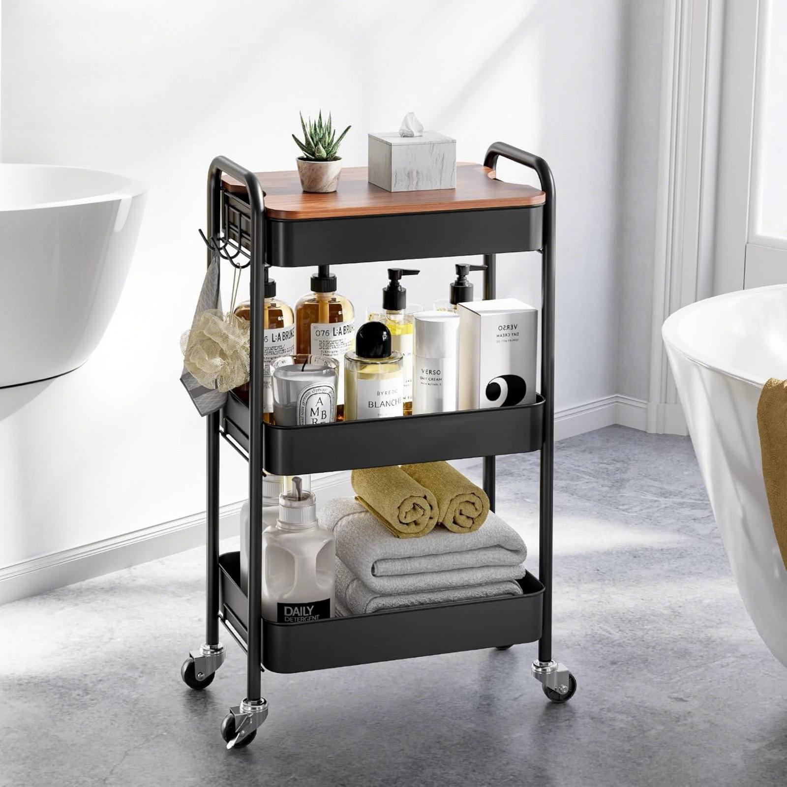 Home 3-Tier Rolling Cart With Top Shelf And Wheels, Easy Assembly ...