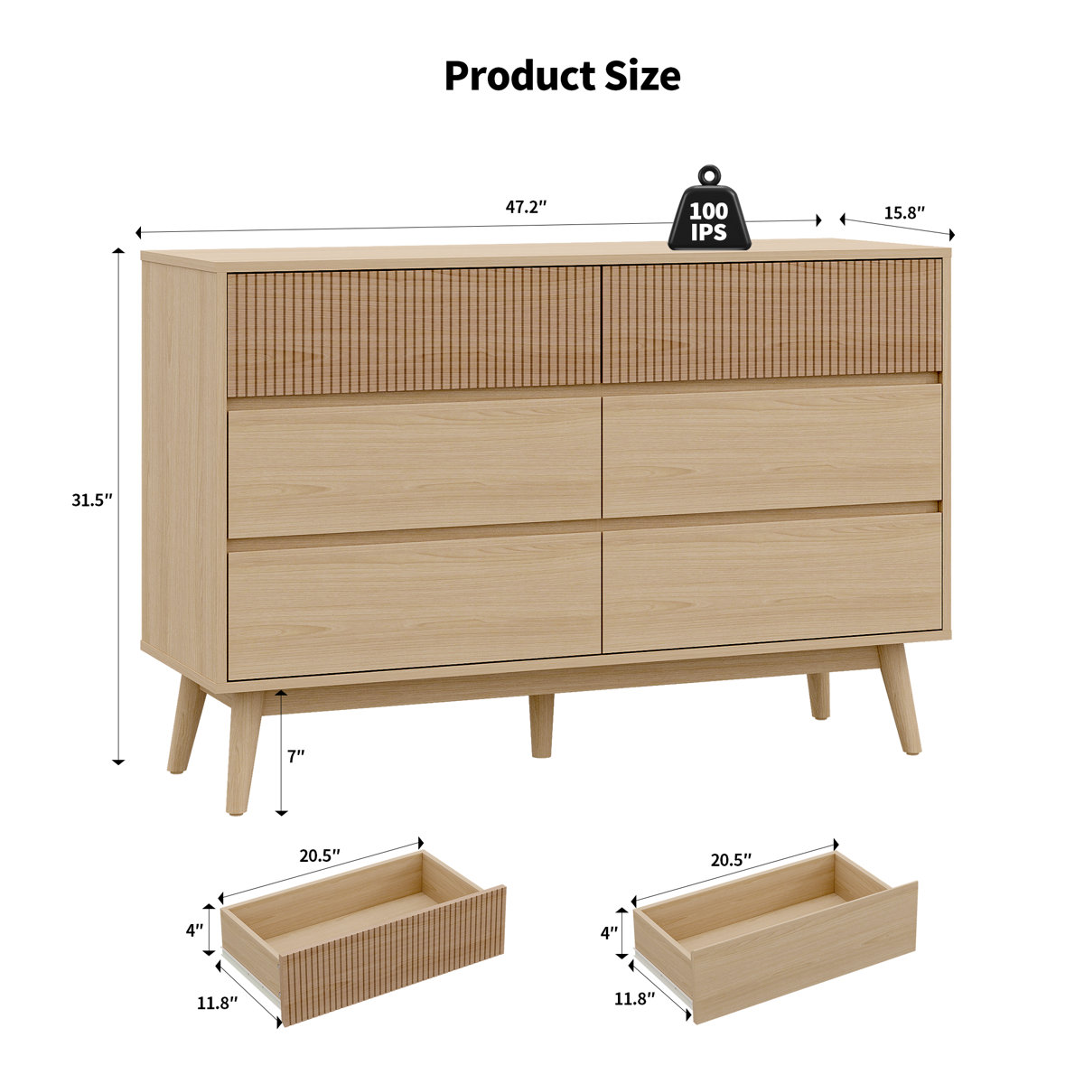 George Oliver Natural Wood 6-Drawer Dresser - Striped Surface & Pull ...