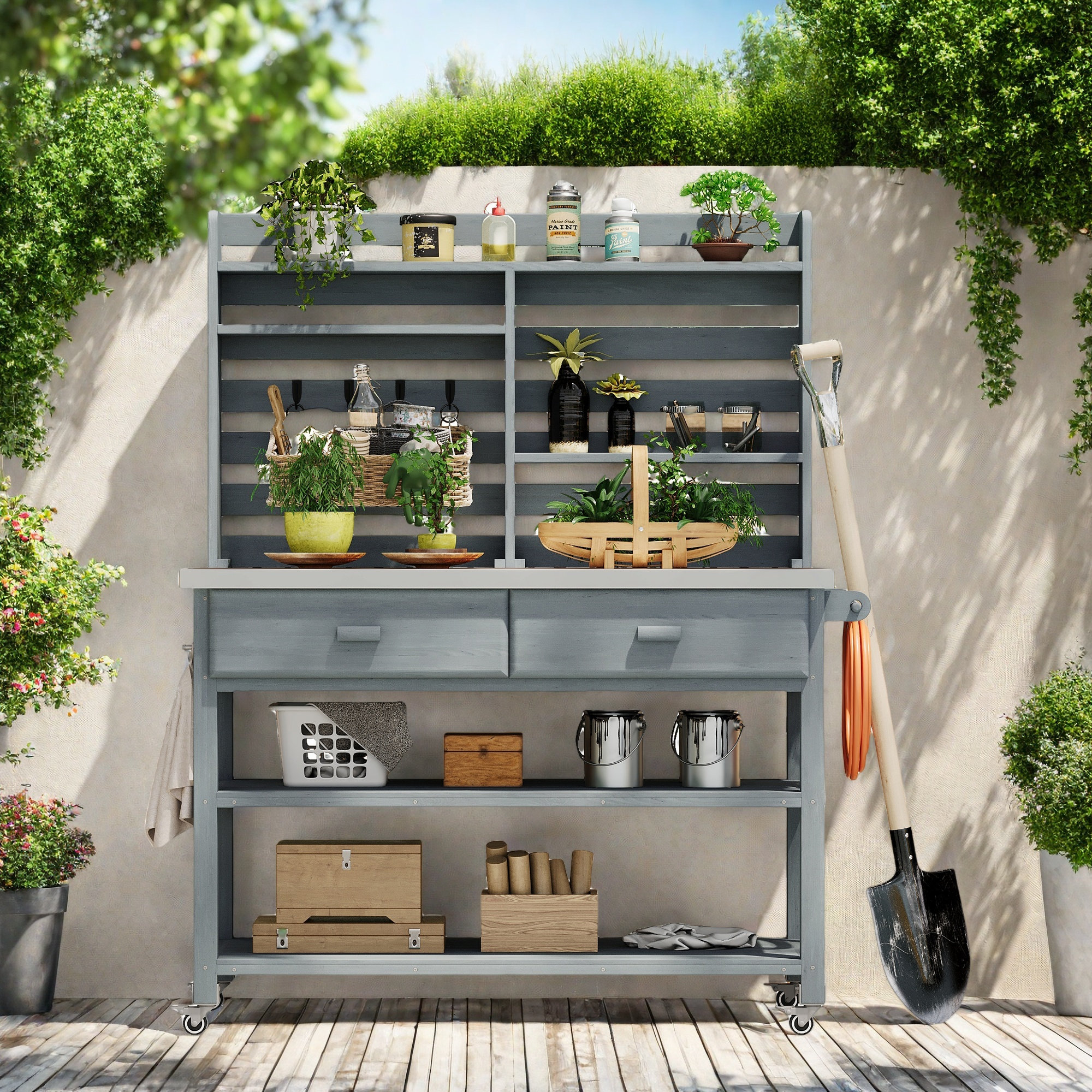 Red Barrel Studio® Outdoor Potting Bench Table With Lockable Wheels ...