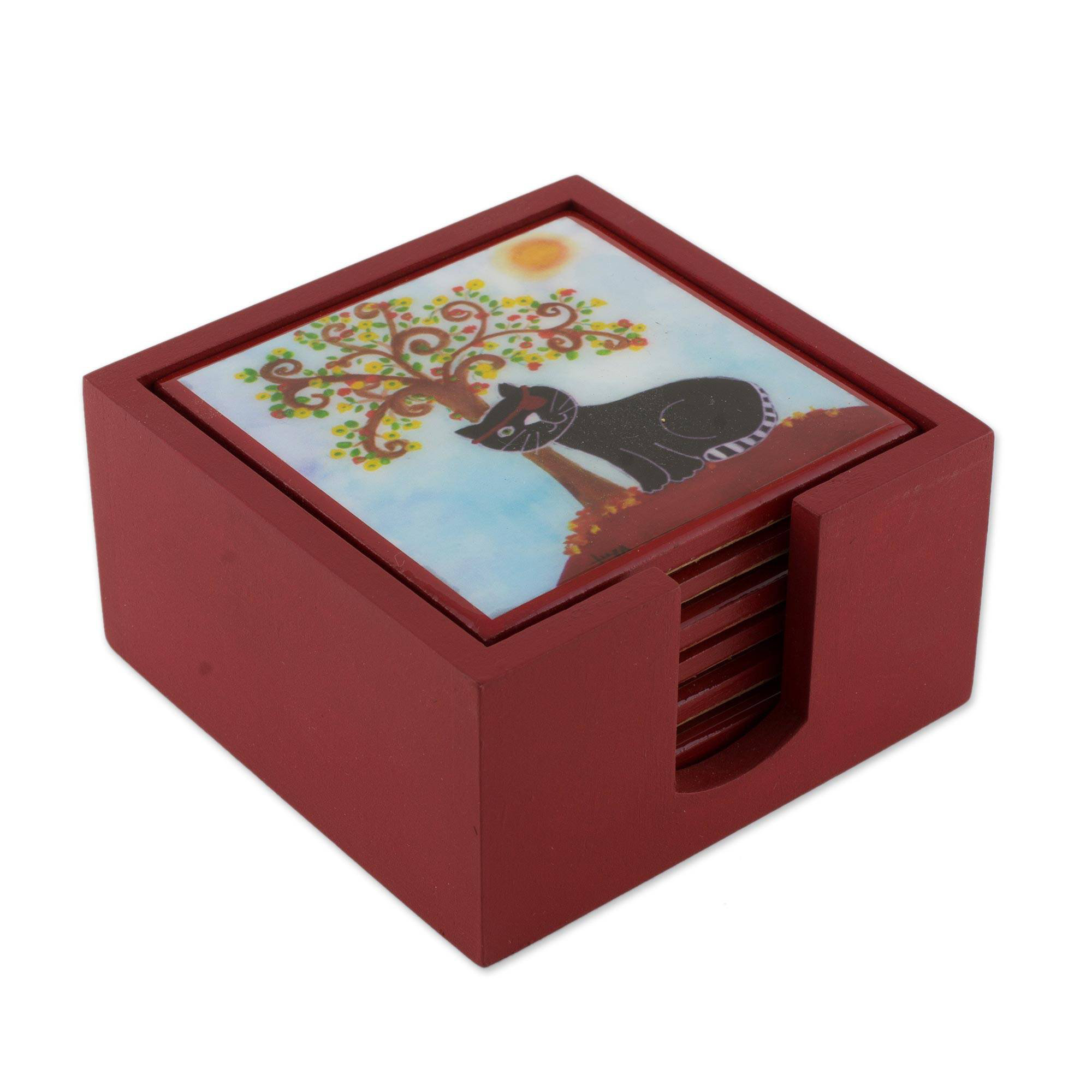 World Menagerie Cat and Tree 7 Piece Coaster Set with Holder | Wayfair