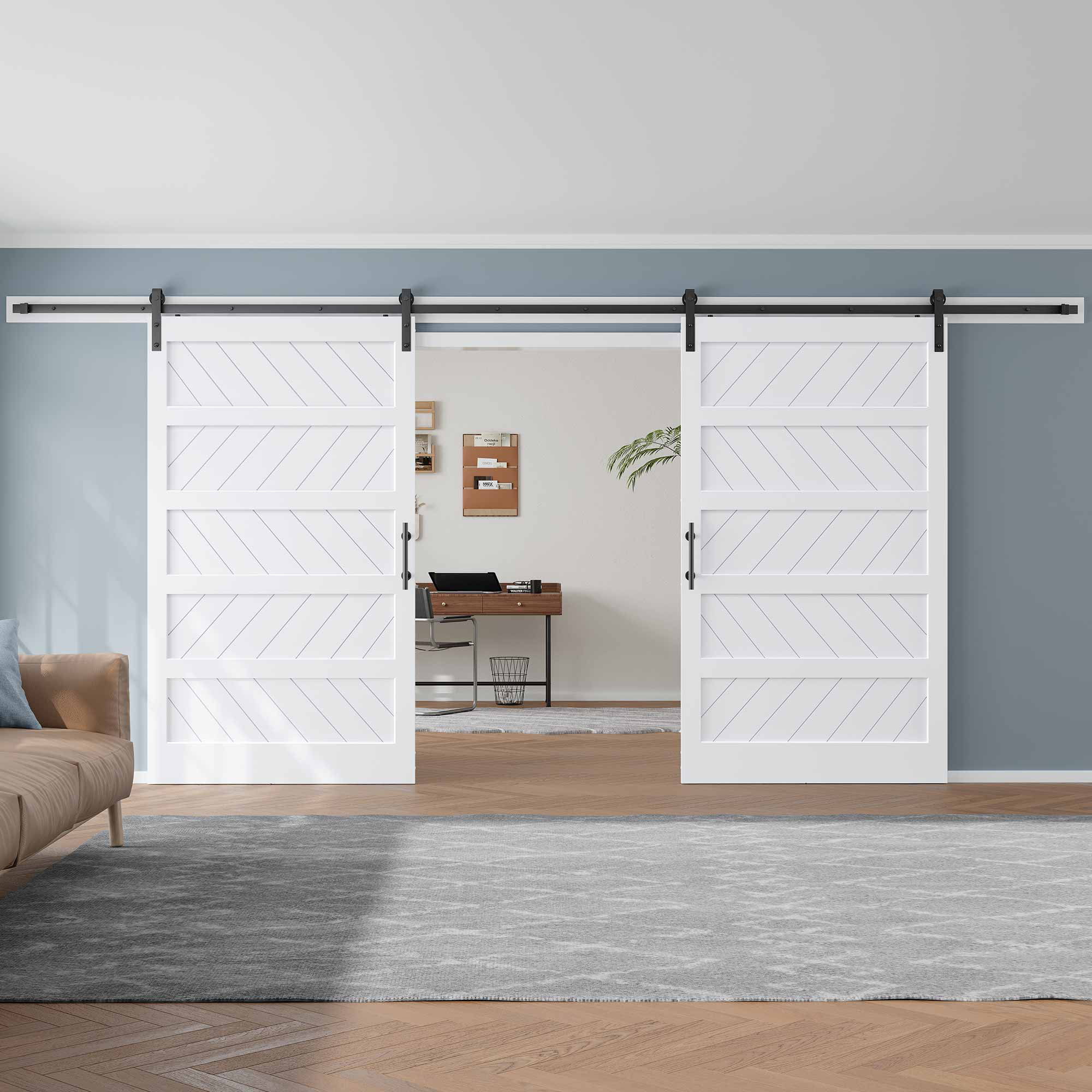 TREEBLING 84" Height 5-Panel Manufactured Wood Double Barn Door with ...