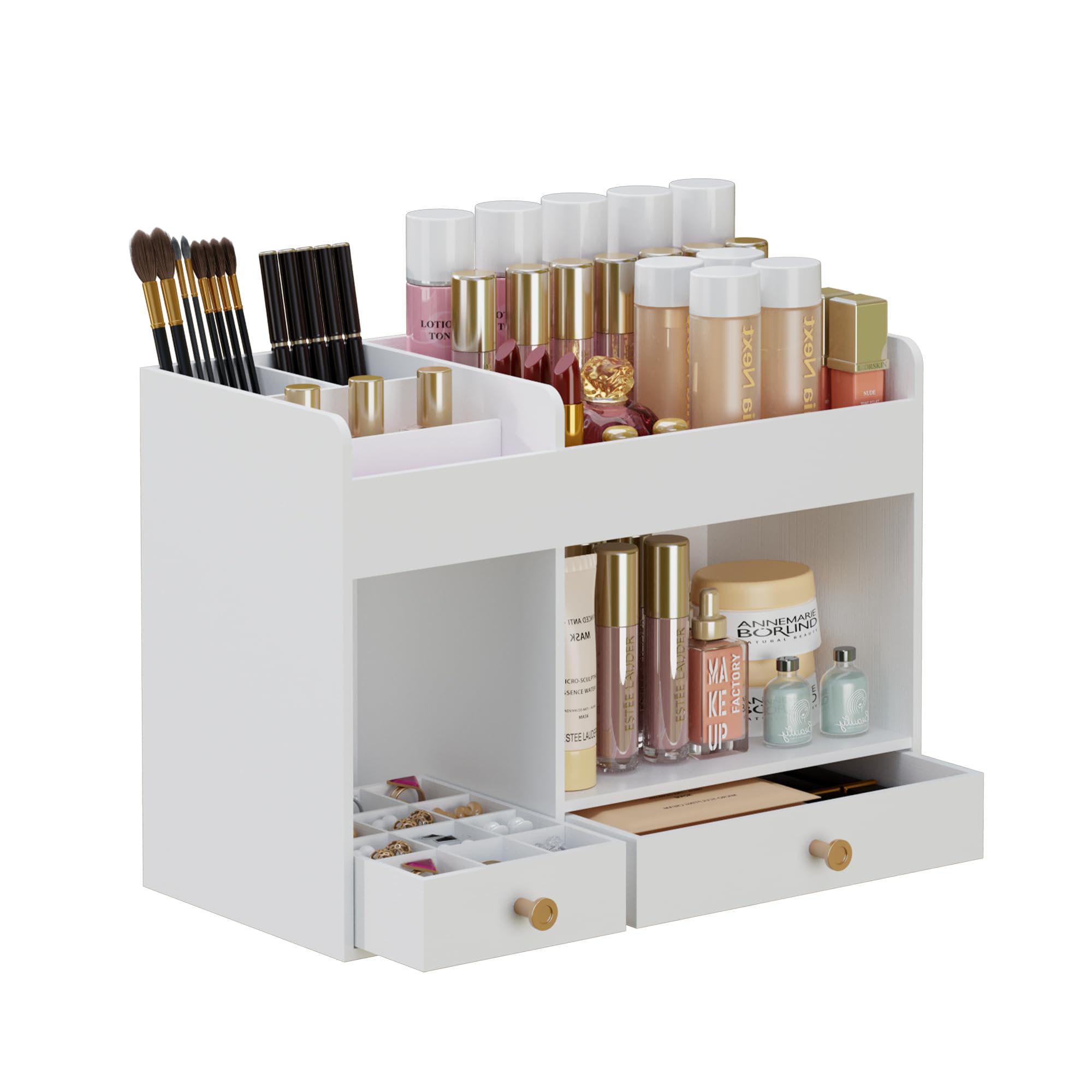 Corrigan Studio Bamboo Makeup Organizer With Drawers, Cosmetic Storage ...