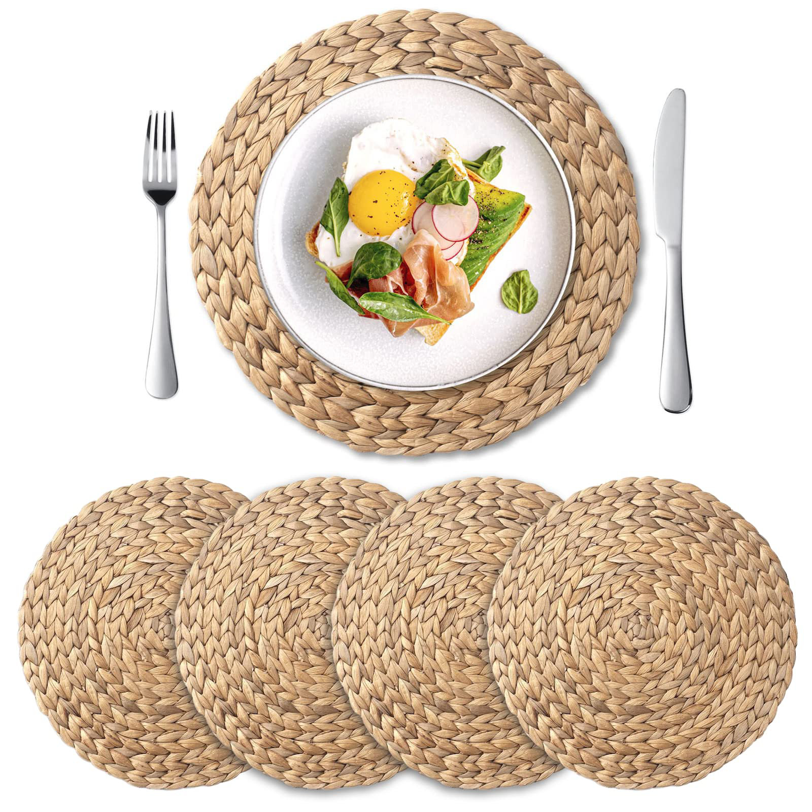 X－MAX FURNITURE Round Woven Placemats Set Of 4, Natural Water Hyacinth ...