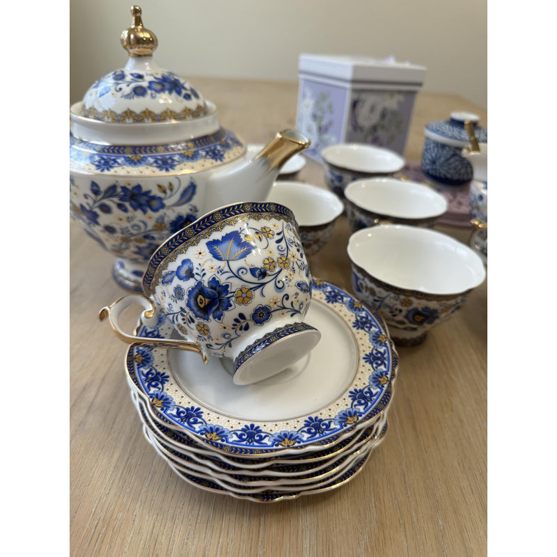 DESGENT Blue and White Vintage Floral Tea Sets 21 pieces Bone China Tea ...