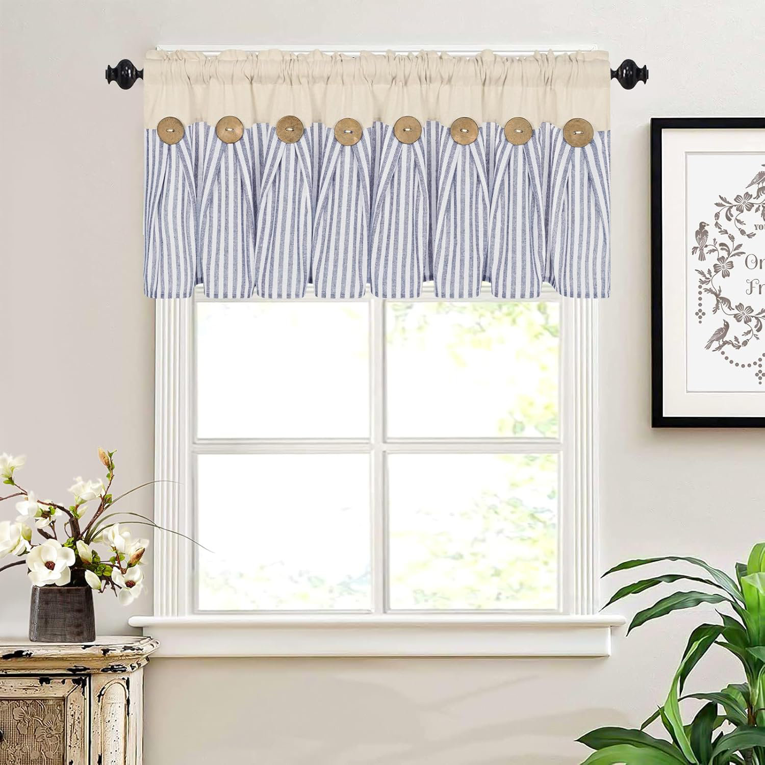Amzico Cotton Linen Kitchen Valance Curtains, Boho Rustic Button ...