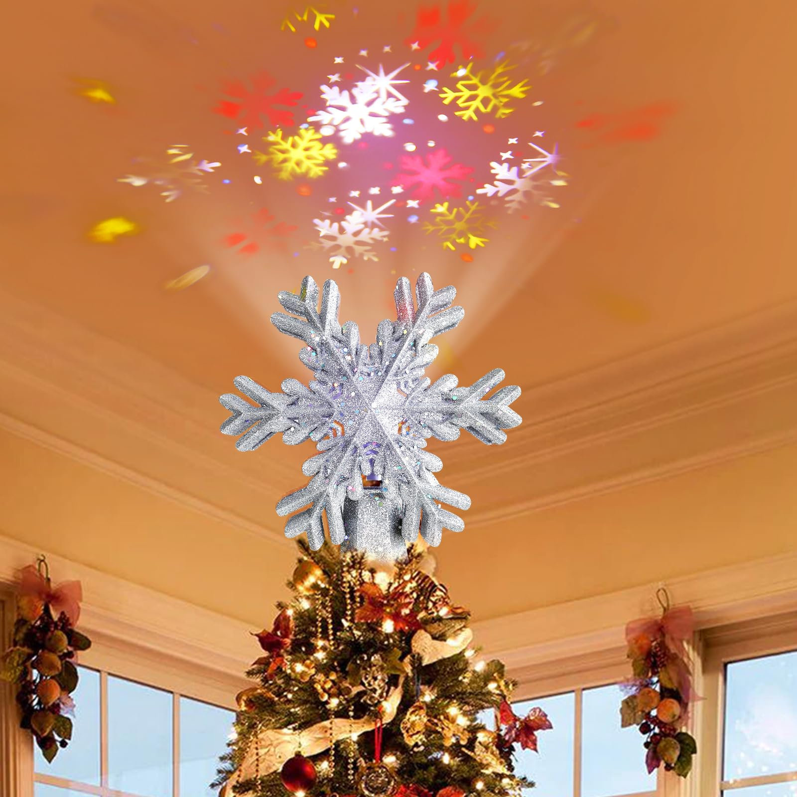 TULGIX Christmas Tree Topper Lighted with Silver Snowflake Projector ...