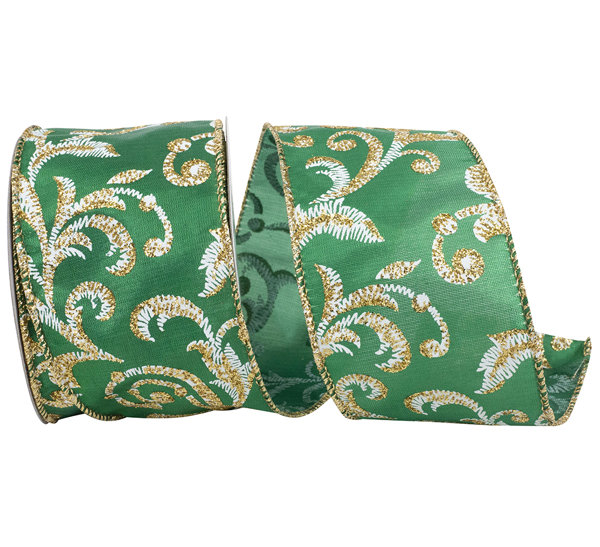 The Holiday Aisle® Scroll Filigree Glitter Iridescent Satin Wired Edge ...