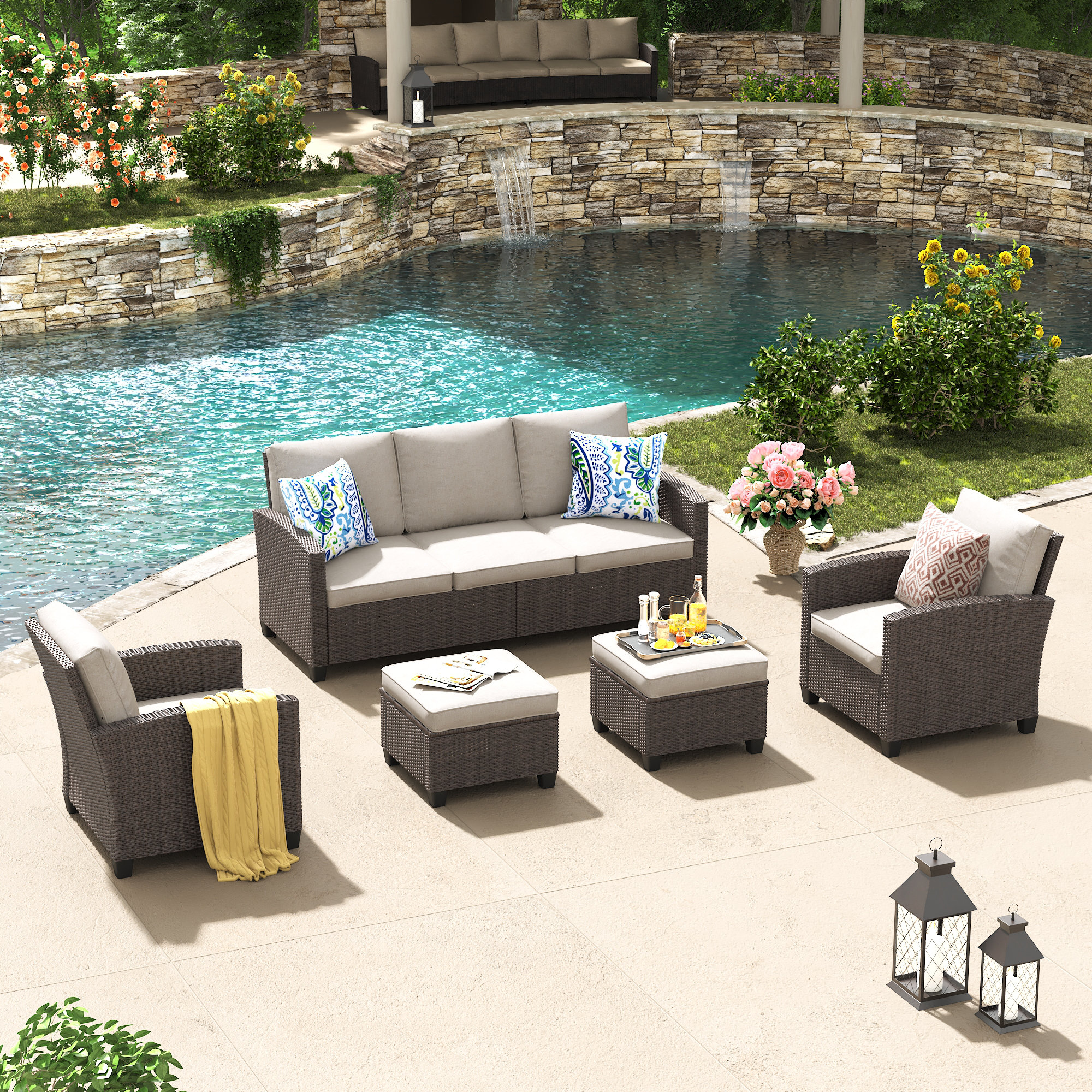 Winston Porter 5 Seats Wicker Patio Conversation Set with 3 Seats Sofa ...
