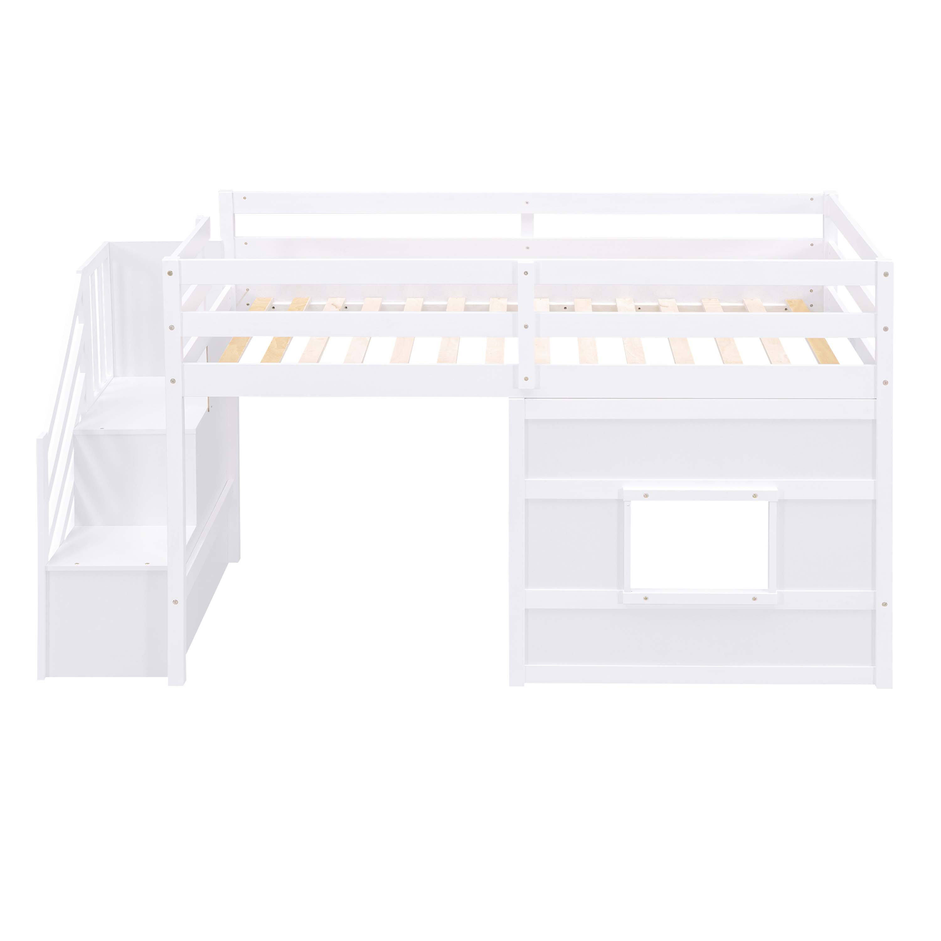 Harriet Bee Twin Size Loft Bed with Storage Staircase and Window, White ...