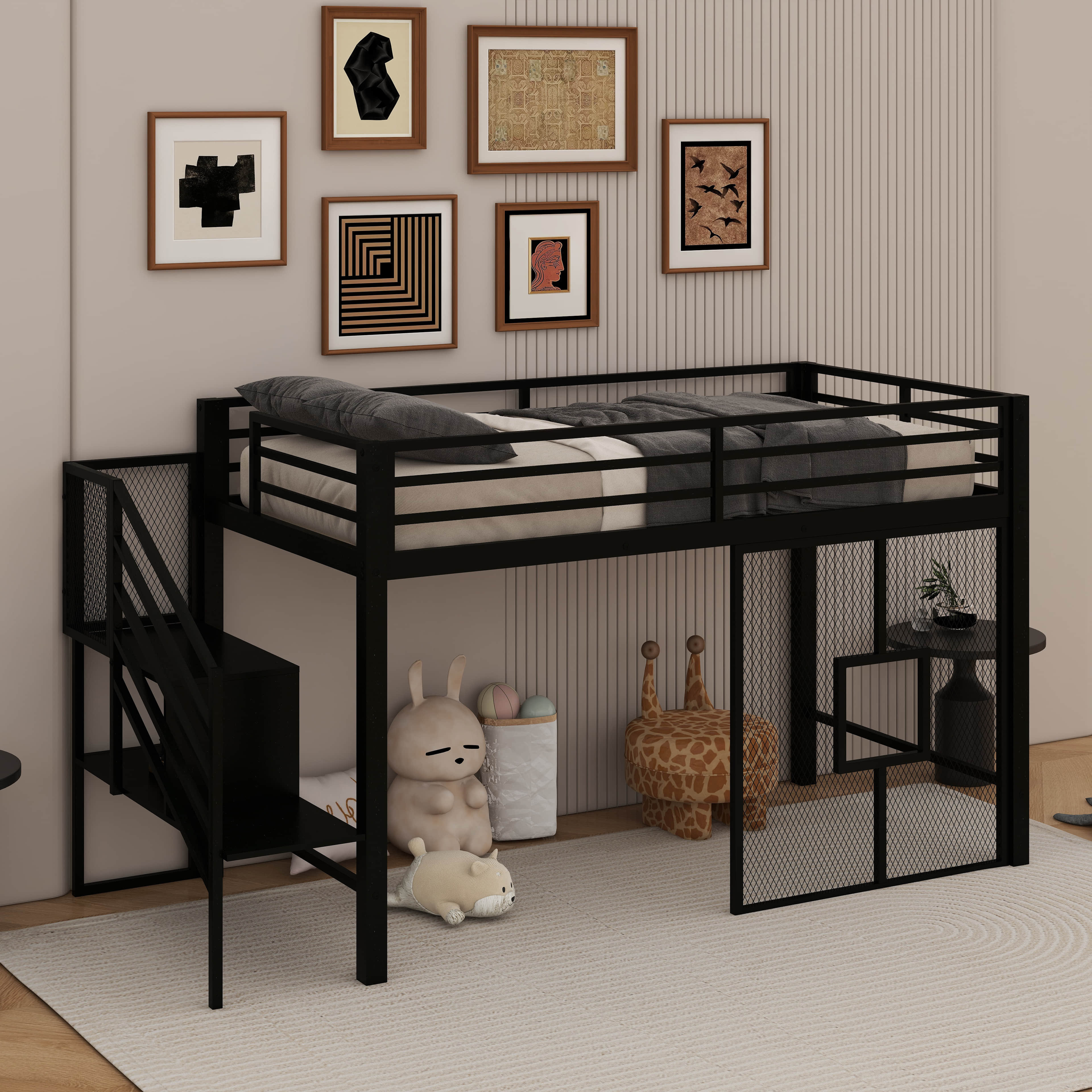 Isabelle & Max™ Twin Size Metal Low Loft Bed With Iron Mesh And Storage ...