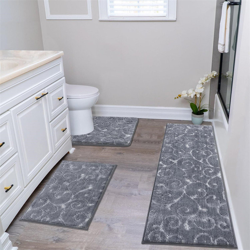 Winston Porter 3 Piece Non Slip Bathroom Shower Rugs,Dark Grey Bathroom ...