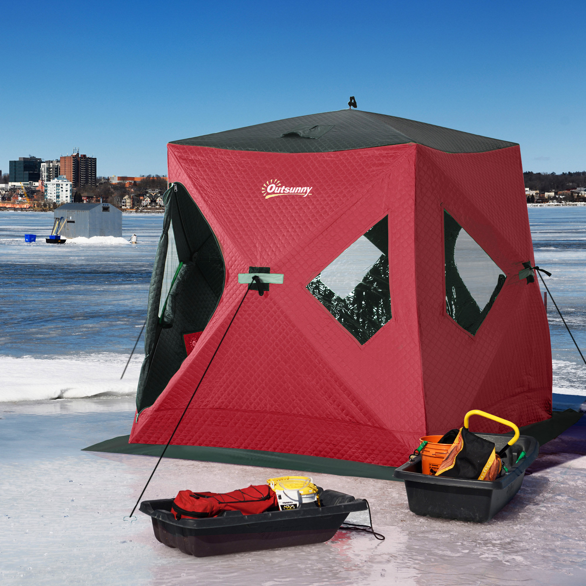 GROUPES Outsunny 2 Person Insulated Ice Fishing Shelter Pop-Up Portable ...