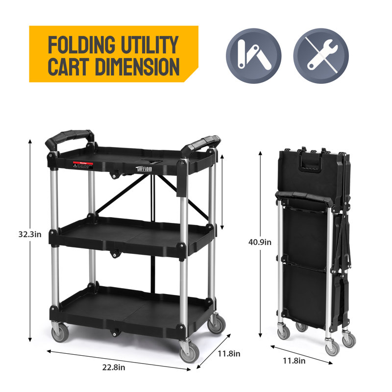 Winado Foldable 3-Tier Plastic Utility Carts In Black With Brake | Wayfair