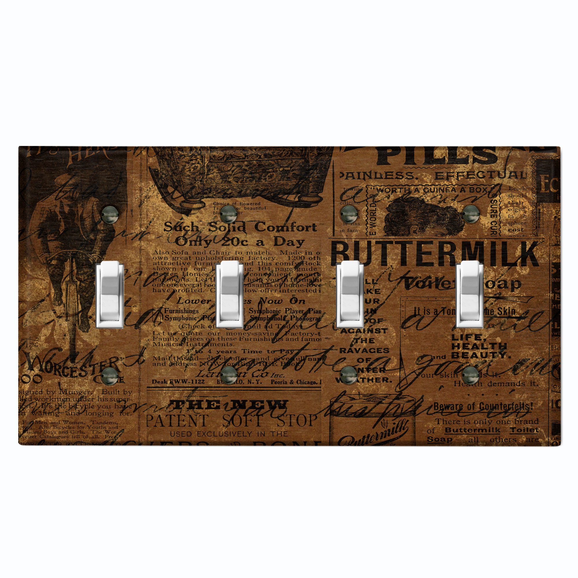 WorldAcc Rustic Bakery Letter Brown Nature Themed 4 - Gang Toggle Light ...