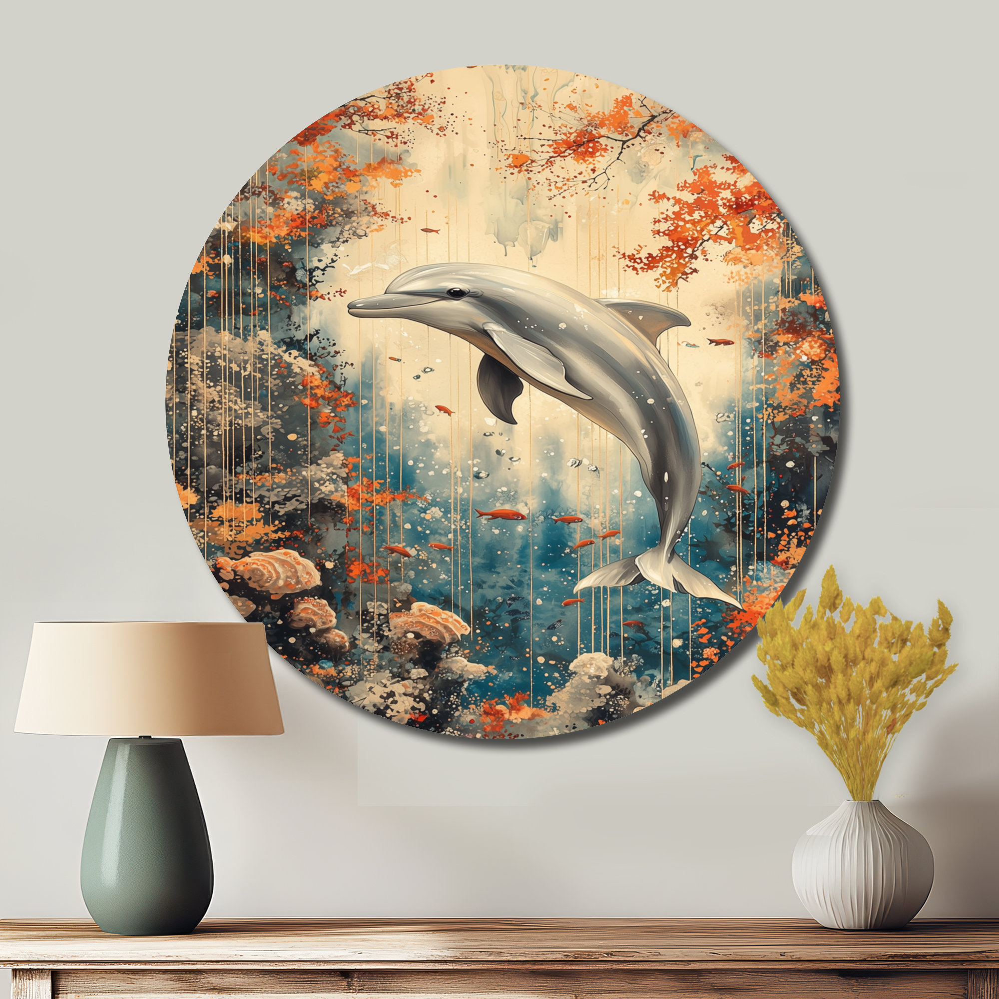 Highland Dunes Dance Of The Dolphin Above A Coral I - Modern Gray Metal ...