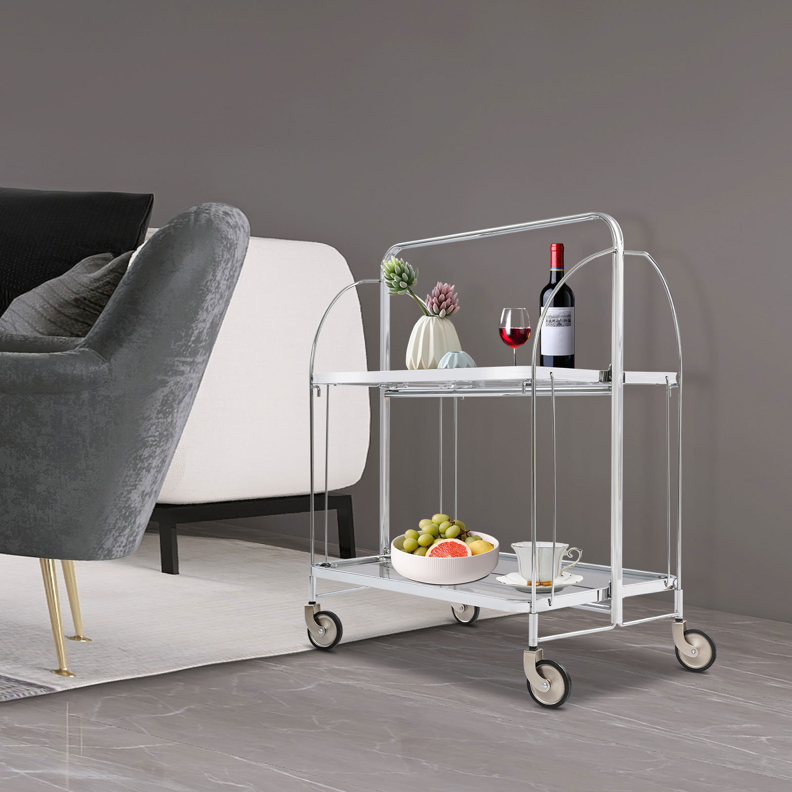 JOYDING Foldable Rolling Cart 2-Tier Rolling Cart With Wheels, Storage ...