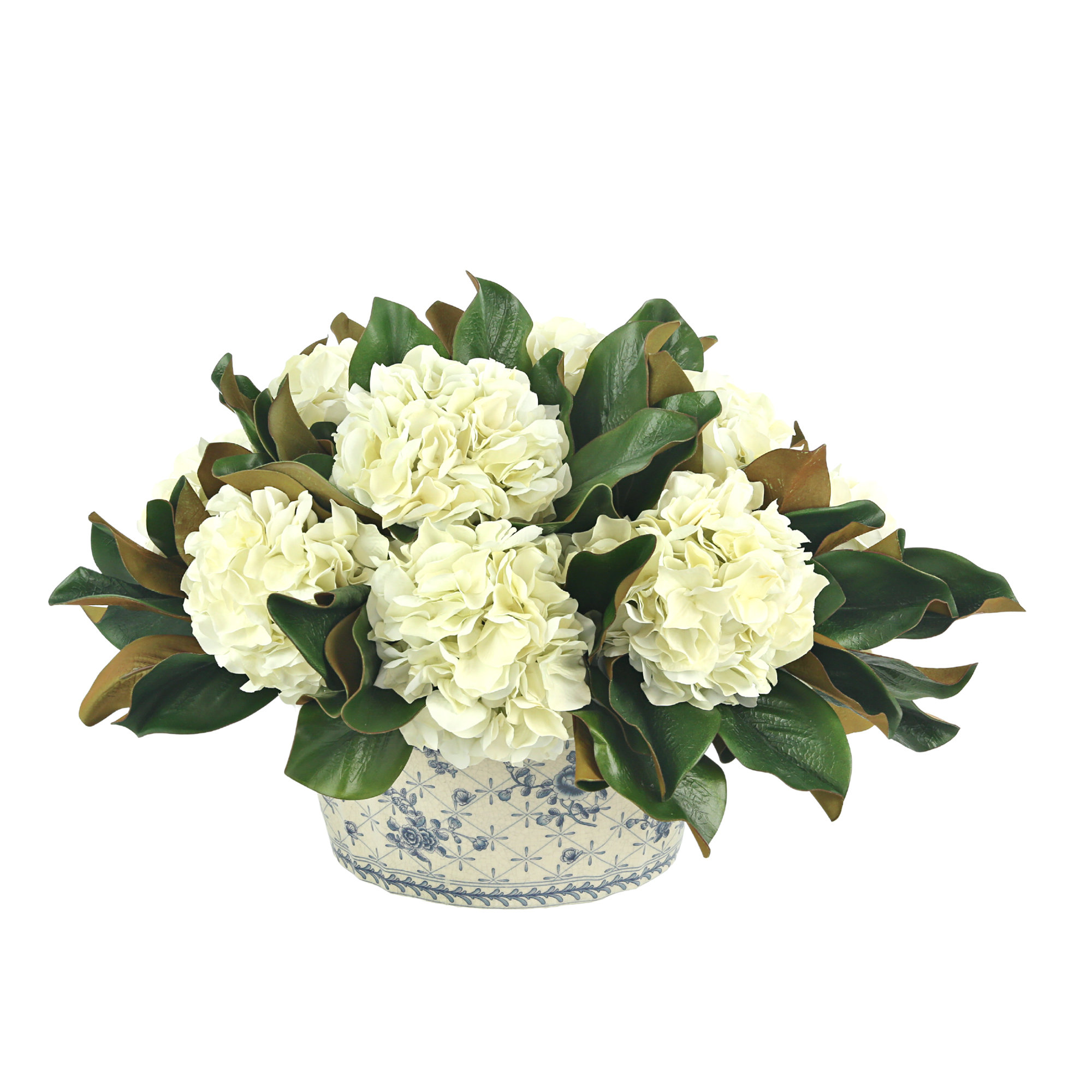Primrue Hydrangeas and Magnolia Leaves Arranged in Decorative Vase ...