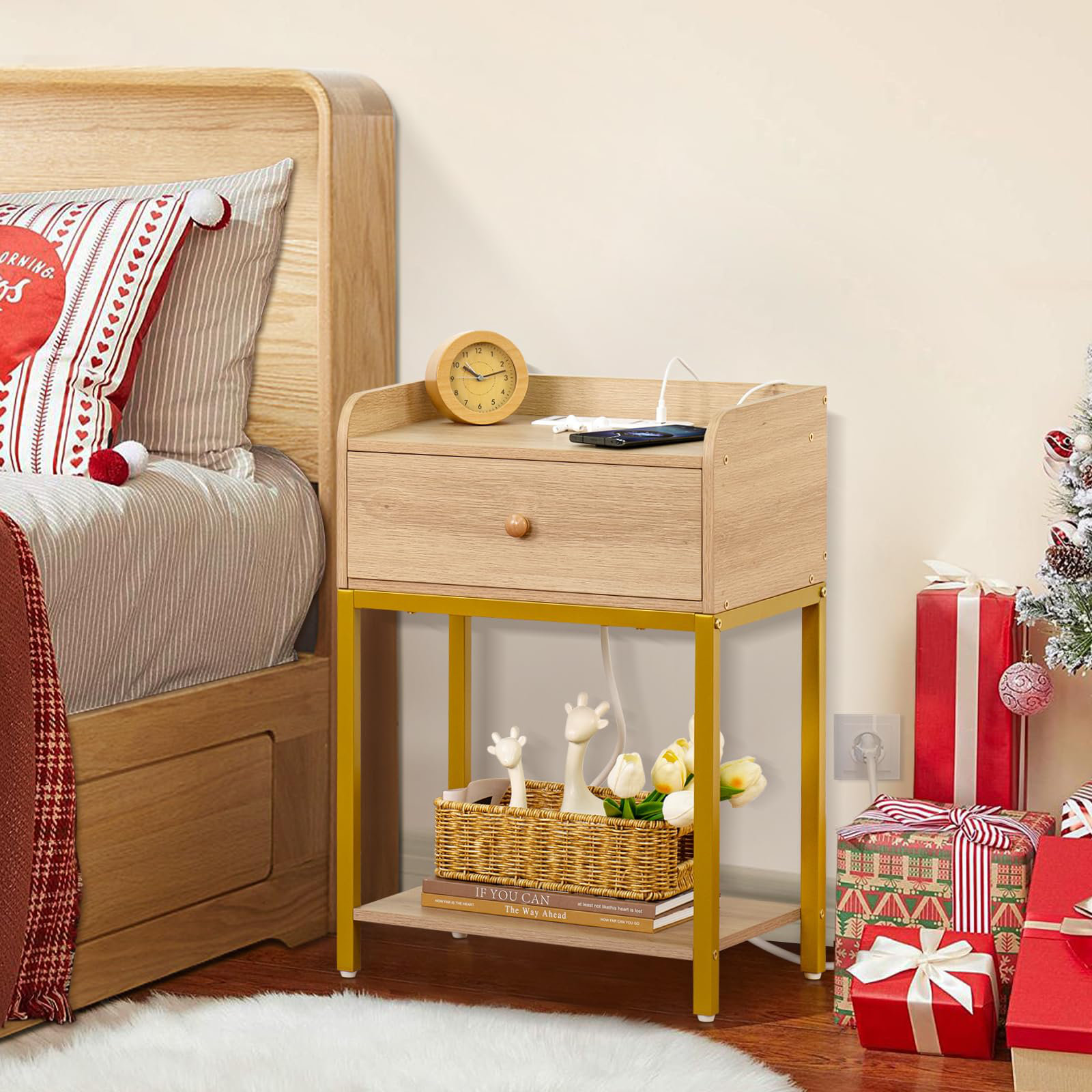 Mercer41 Natural Industrial Nightstand With Charging Station - Rustic ...