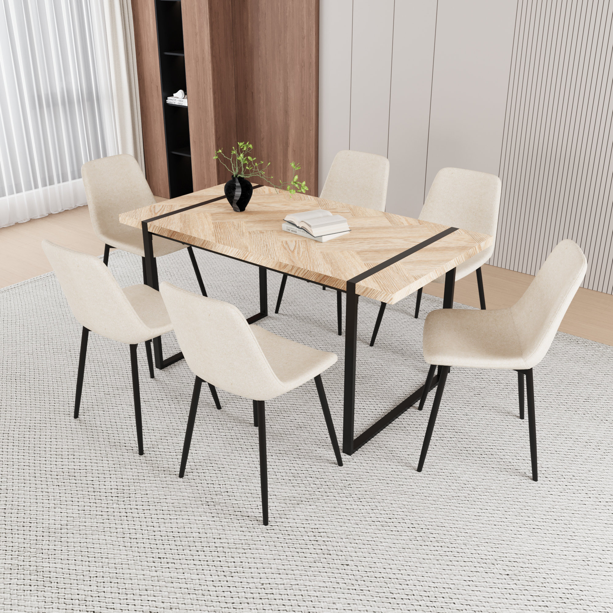 George Oliver 59" MDF light wood dining table and modern dining chair 8 ...