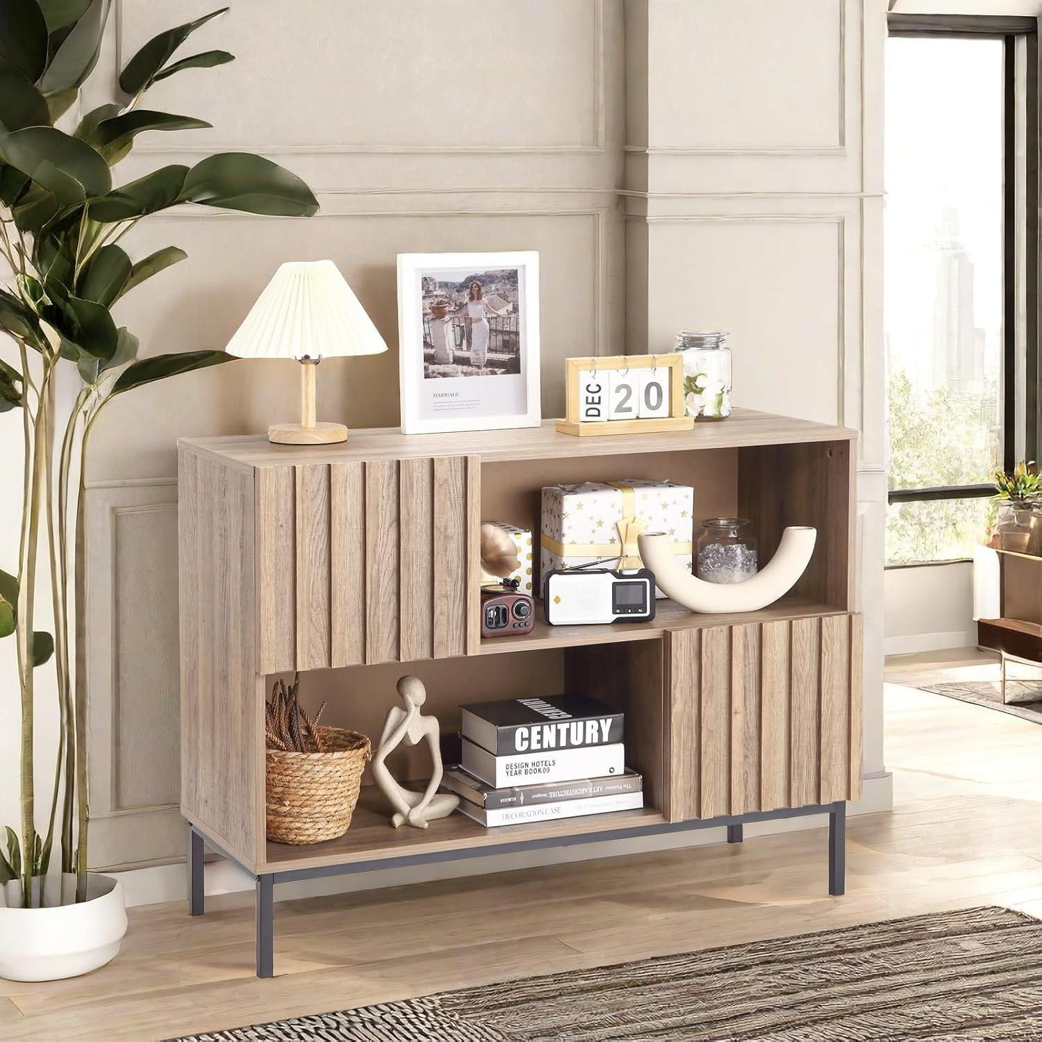 Ebern Designs Entryway Table, Mid Century Modern Sideboard Buffet Cabinet with Fluted Door ...