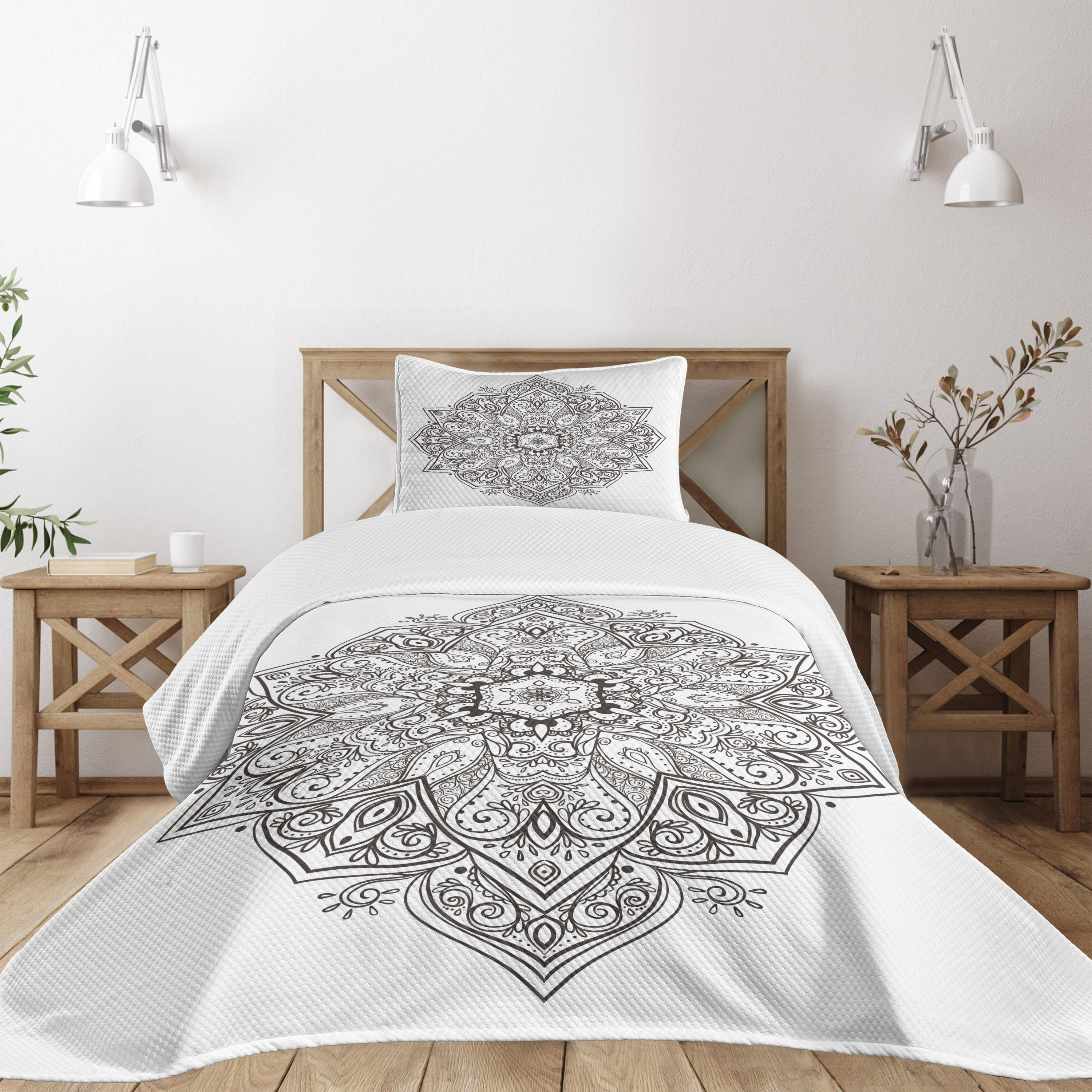 Ambesonne Mandala Bedspread Set Eastern Psychedelic White Charcoal Grey ...