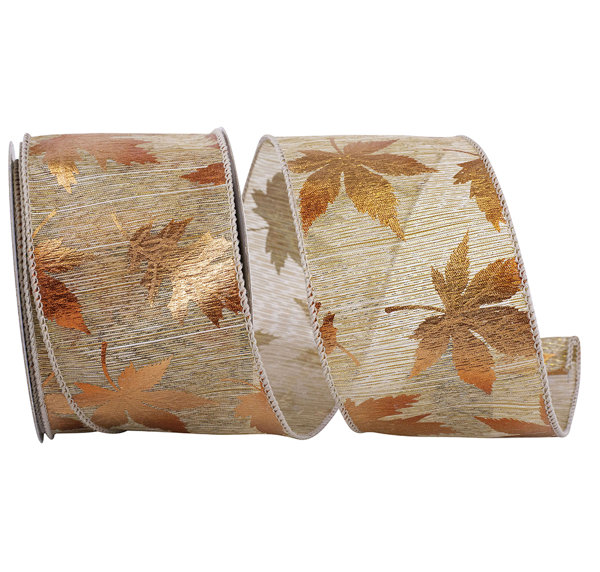 The Holiday Aisle® 2-1/2"X10Yd Natural Metallic Raised Leaf Natural ...