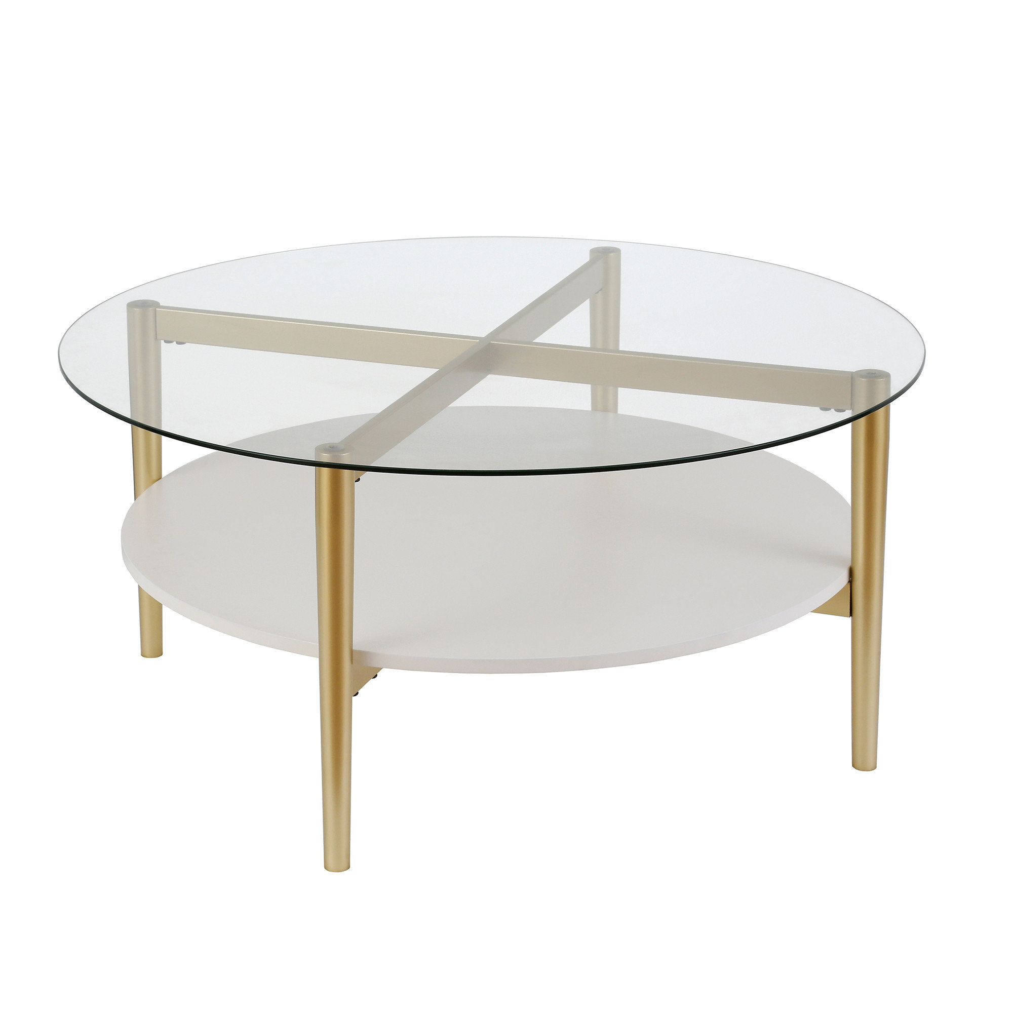 Mercer41 Fiskerton 36" Glass And Steel Round Coffee Table With Shelf ...